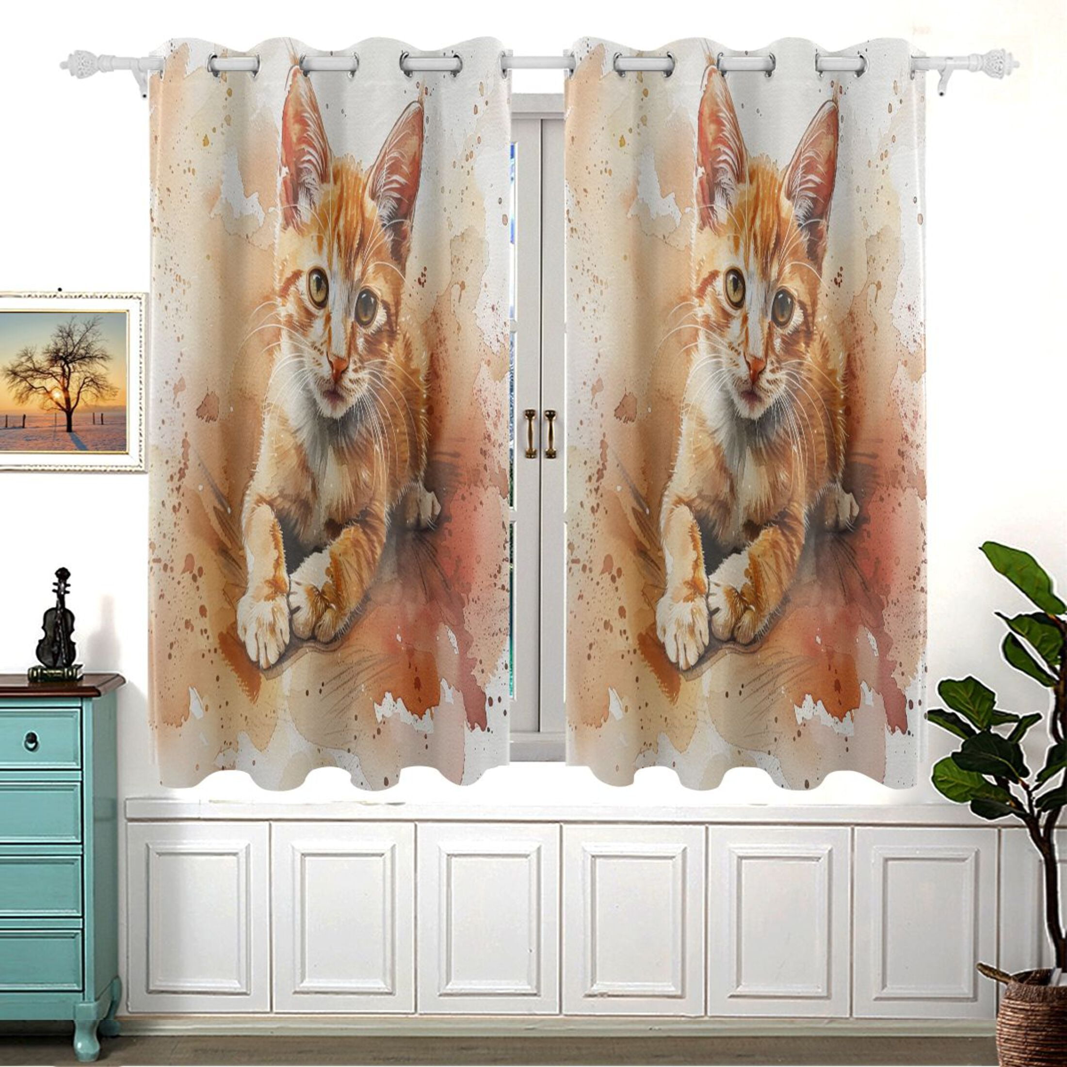 Watercolour Style Cat Curtains Drapes with Grommets 2 Panels 54" x 55 ...