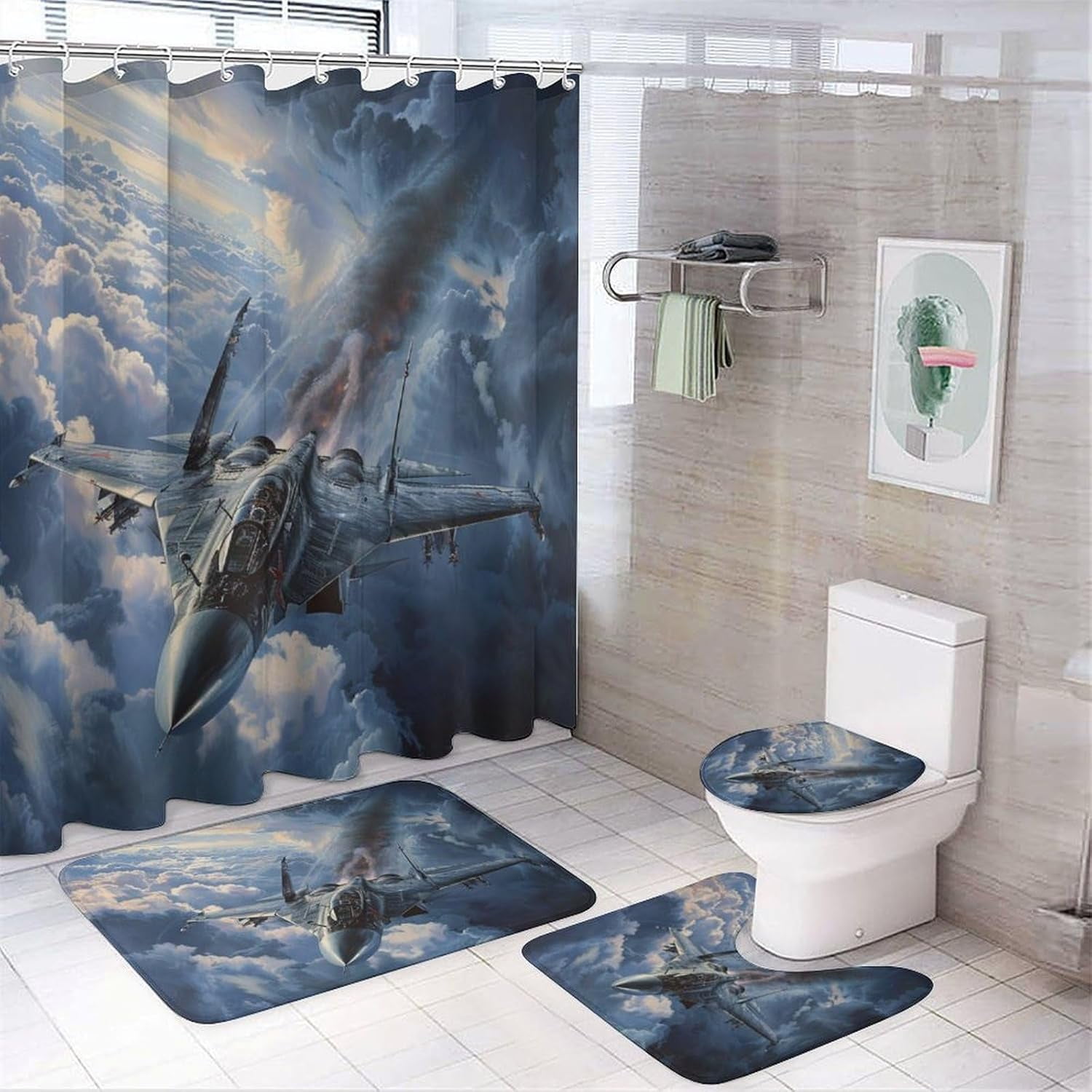 Watercolour US Army Jet Fighter 4 Pcs Shower Curtain Set,Rustic Air ...