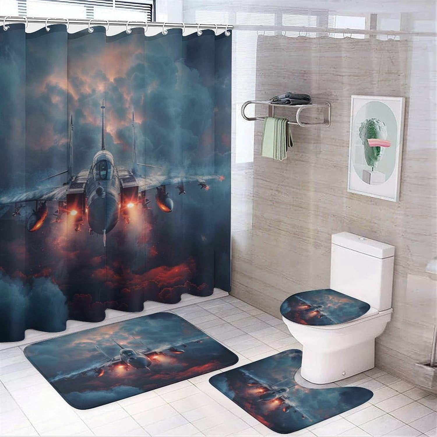 Watercolour US Army Jet Fighter 4 Pcs Shower Curtain Set,Rustic Air ...