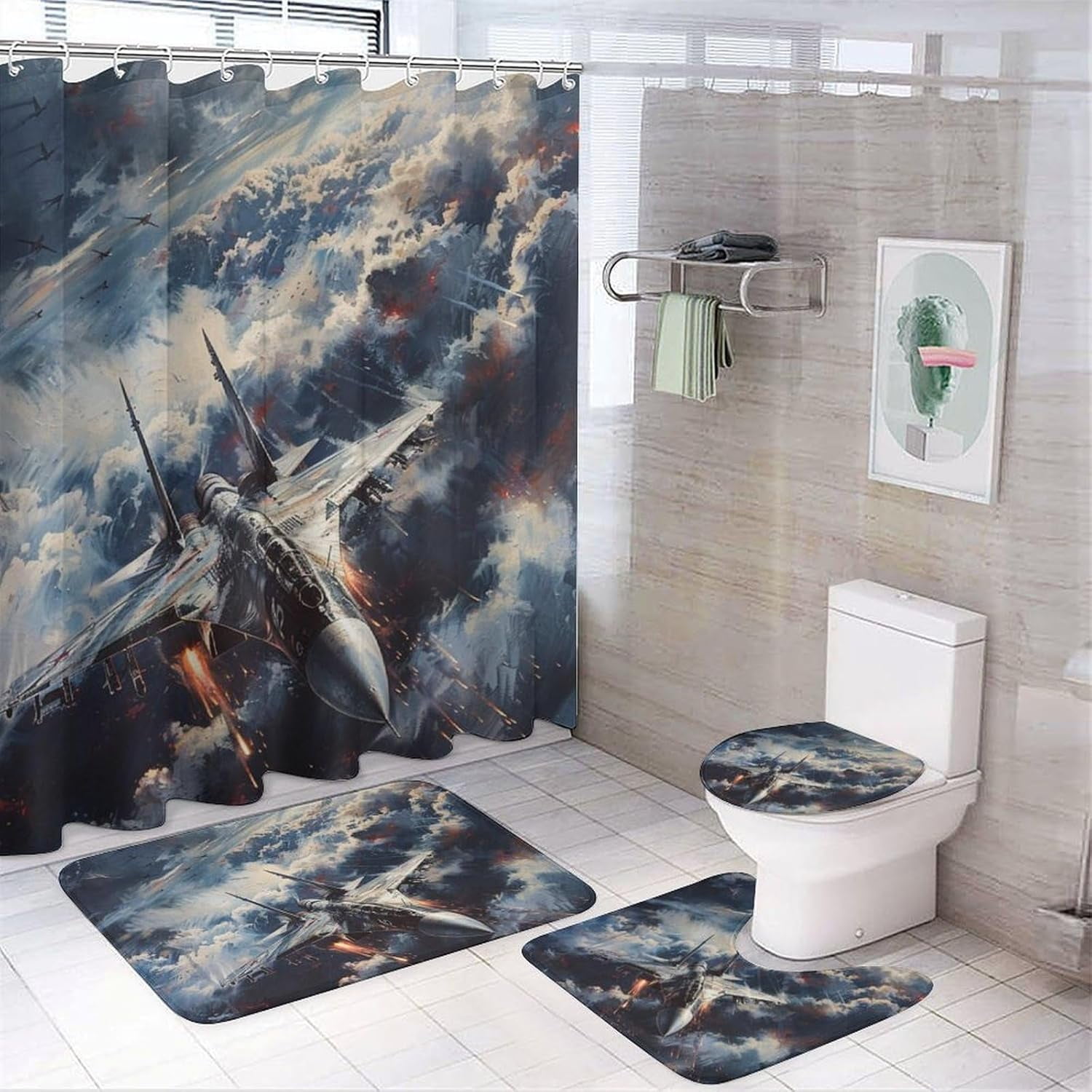 Watercolour US Army Jet Fighter 4 Pcs Shower Curtain Set,Rustic Air ...