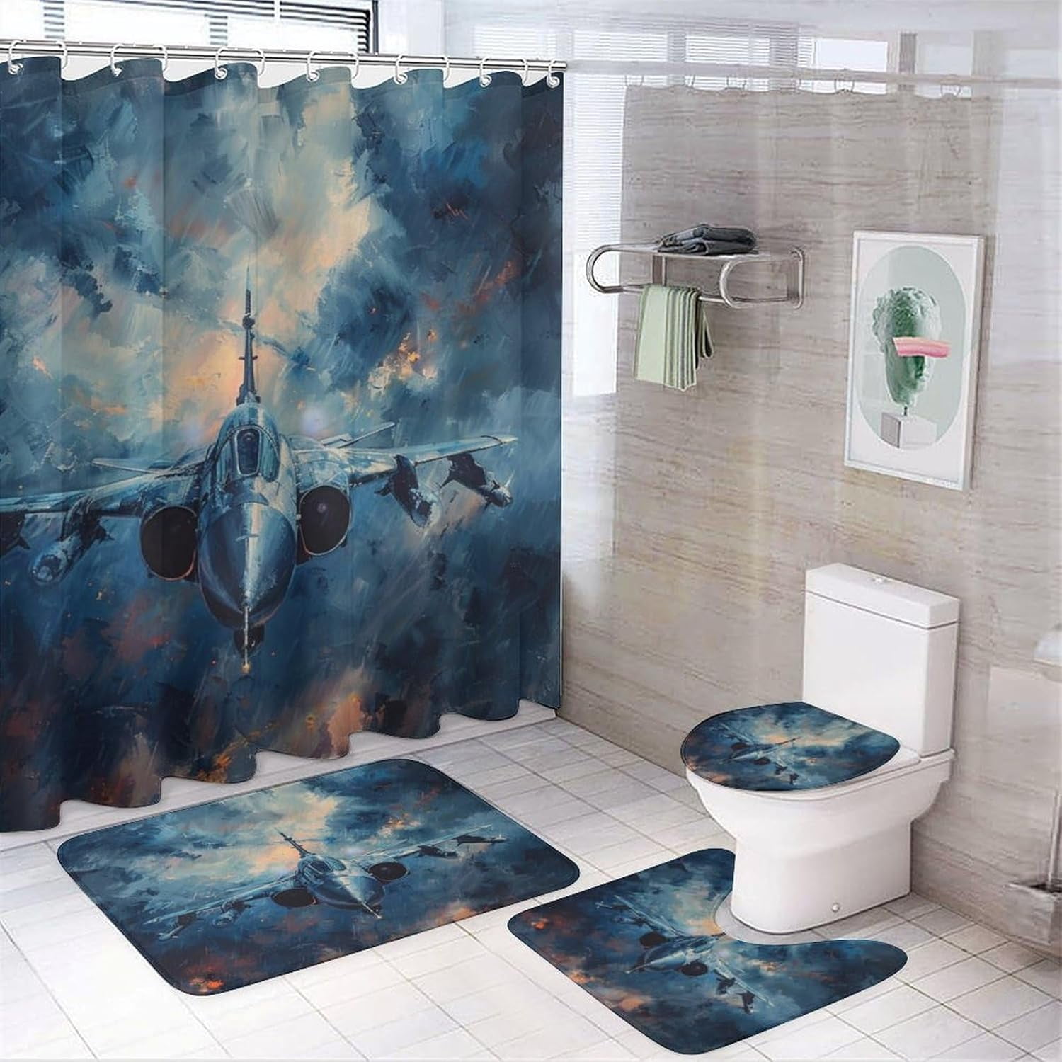 Watercolour US Army Jet Fighter 4 Pcs Shower Curtain Set,Rustic Air ...