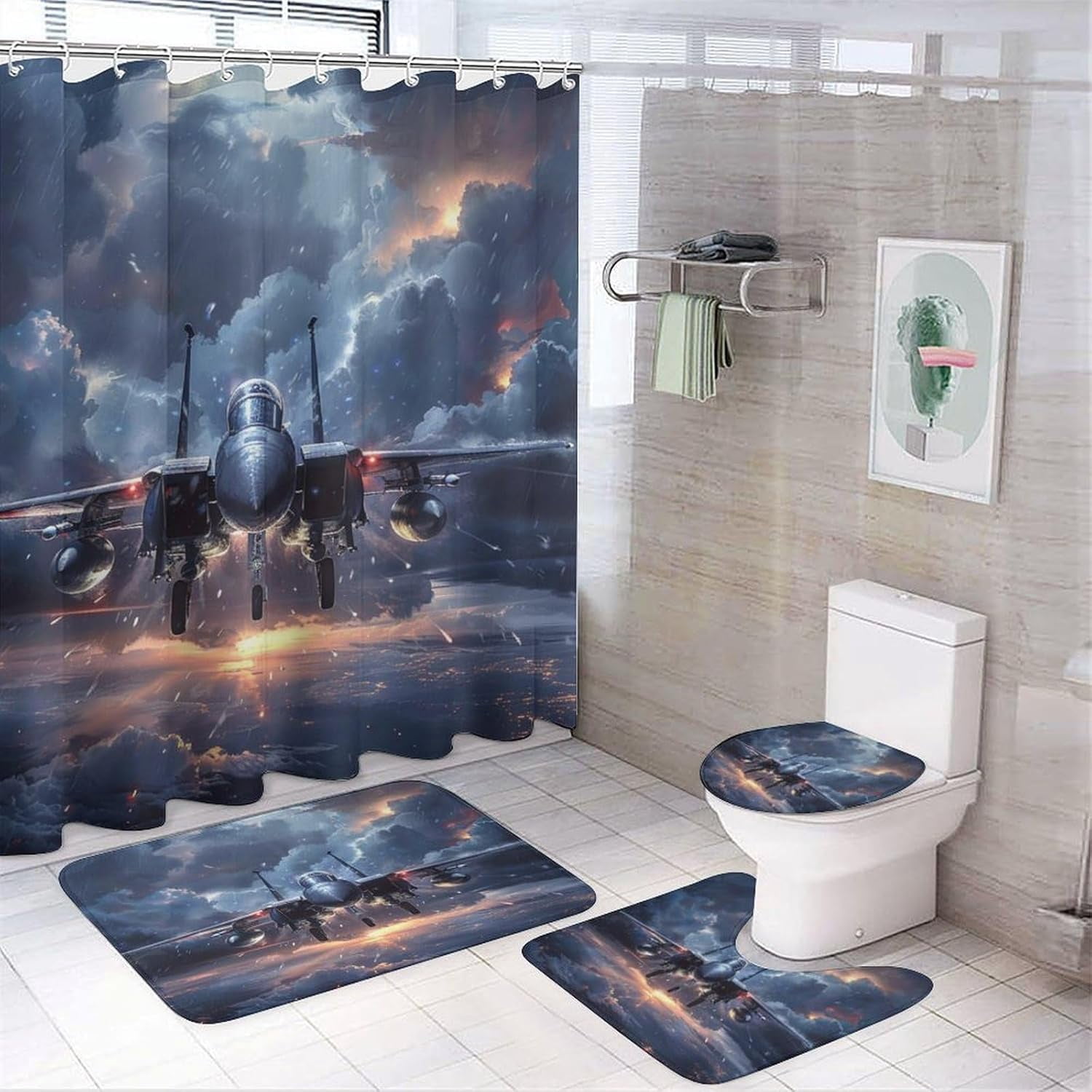 Watercolour US Army Jet Fighter 4 Pcs Shower Curtain Set,Rustic Air ...