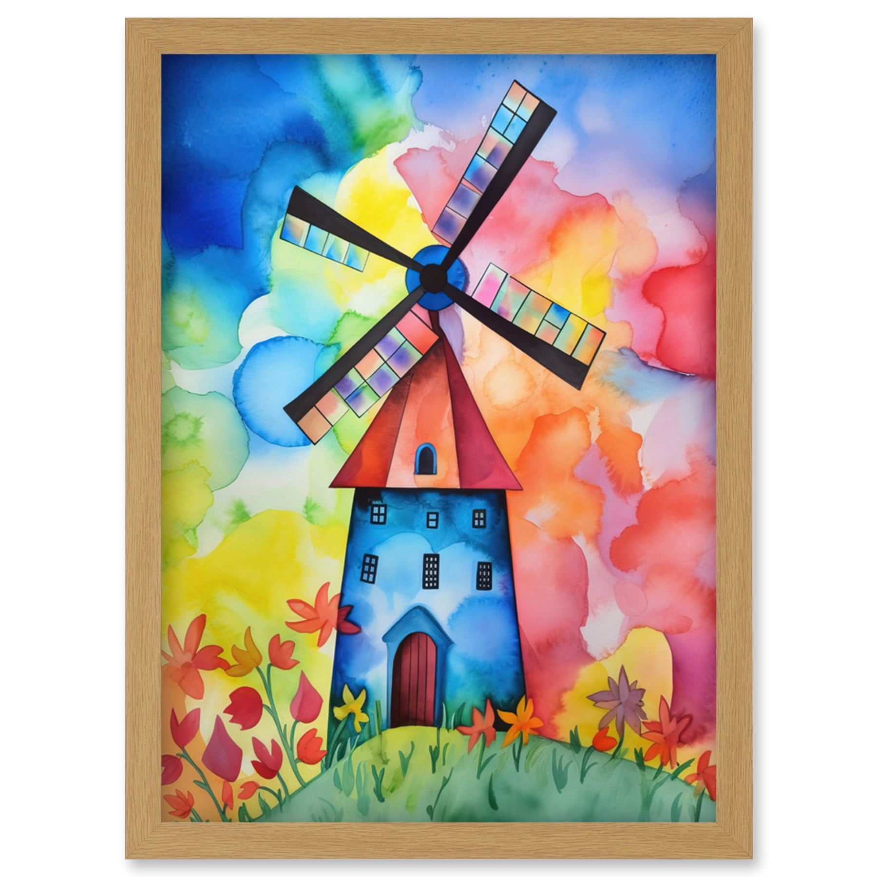 Watercolour Windmill Netherlands Folk Art Artwork Framed Wall Art Print ...