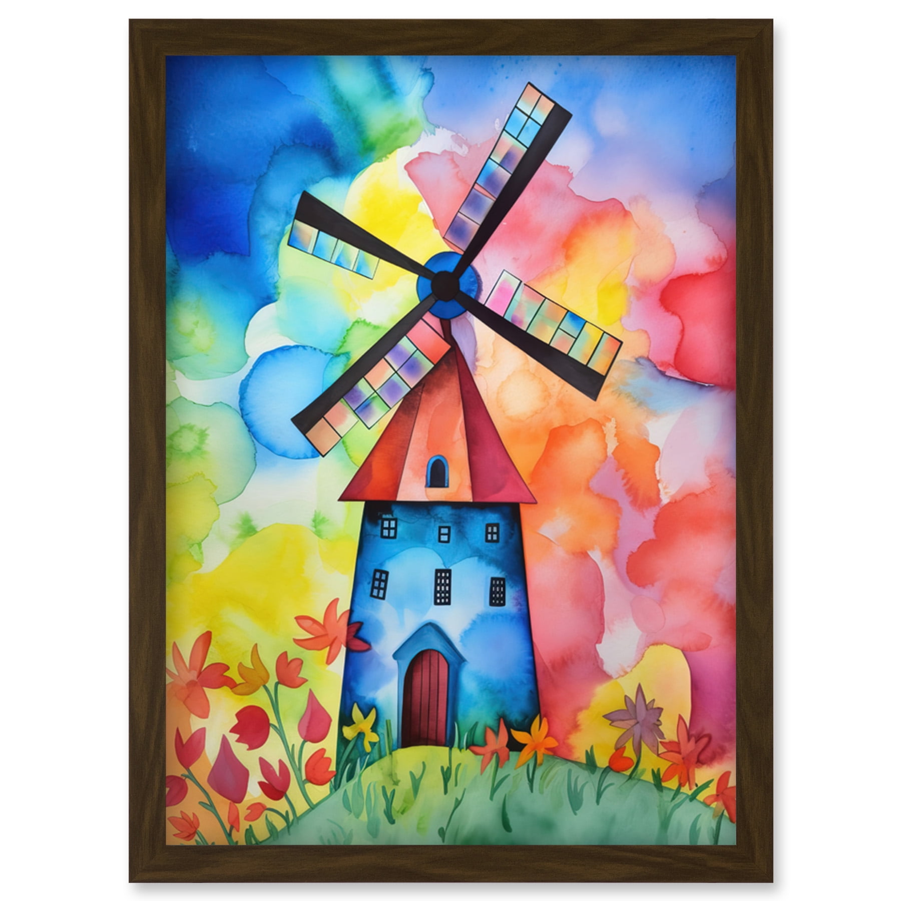 Watercolour Windmill Netherlands Folk Art Artwork Framed Wall Art Print A4 - Walmart.com