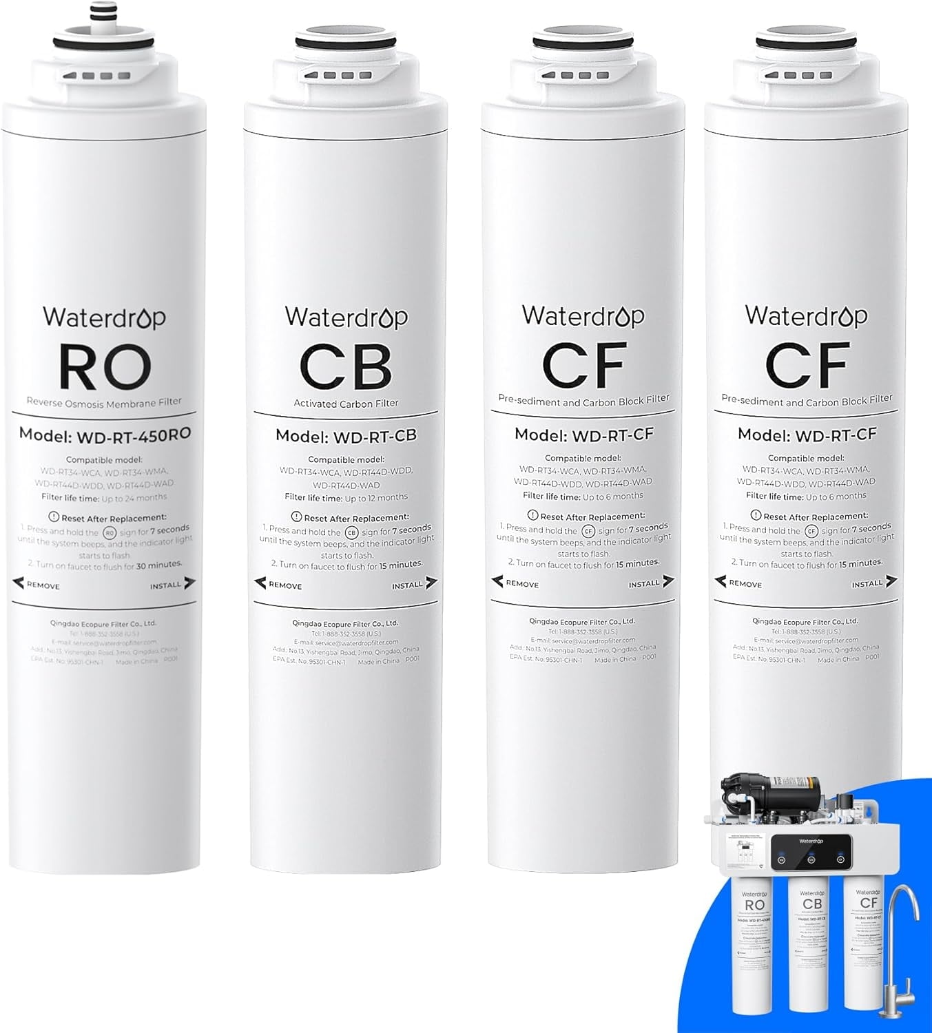 Waterdrop 𝐖𝐃-𝐓𝟑-𝐑𝐂𝐎 Replacement Filter, Pack of 1 RO & 2 CF & 1 CB ...
