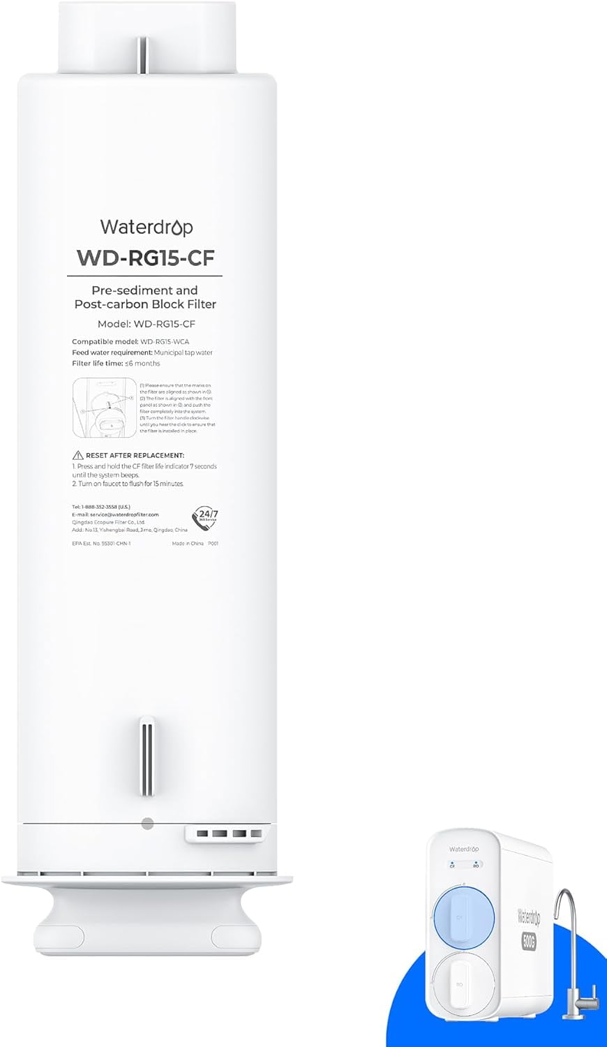 Waterdrop WD-G5P500-CF Filter, Replacement for WD-G5P500 Undersink ...