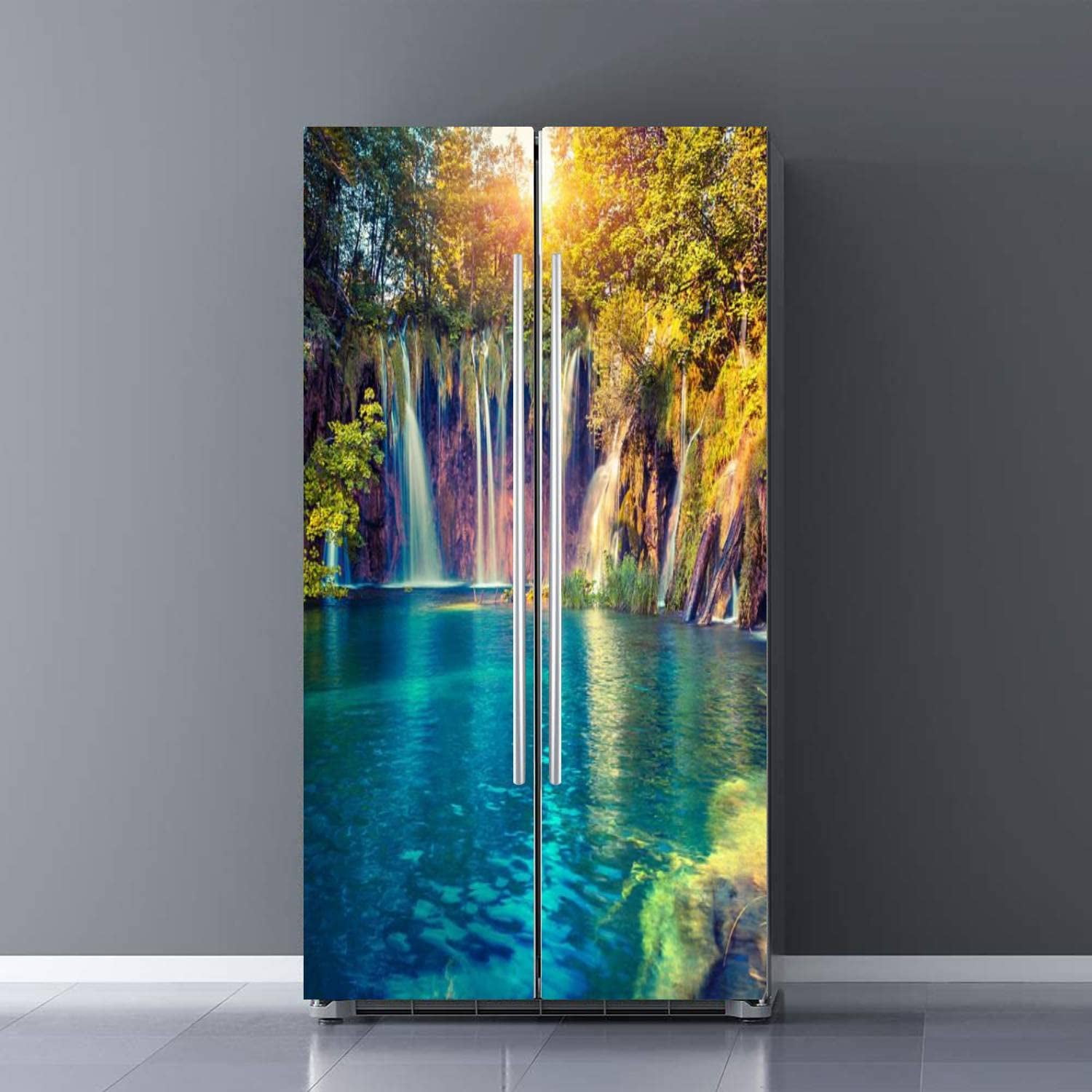 Waterfall Autumn Forest Refrigerator Wrap High Mountains and Flowing ...