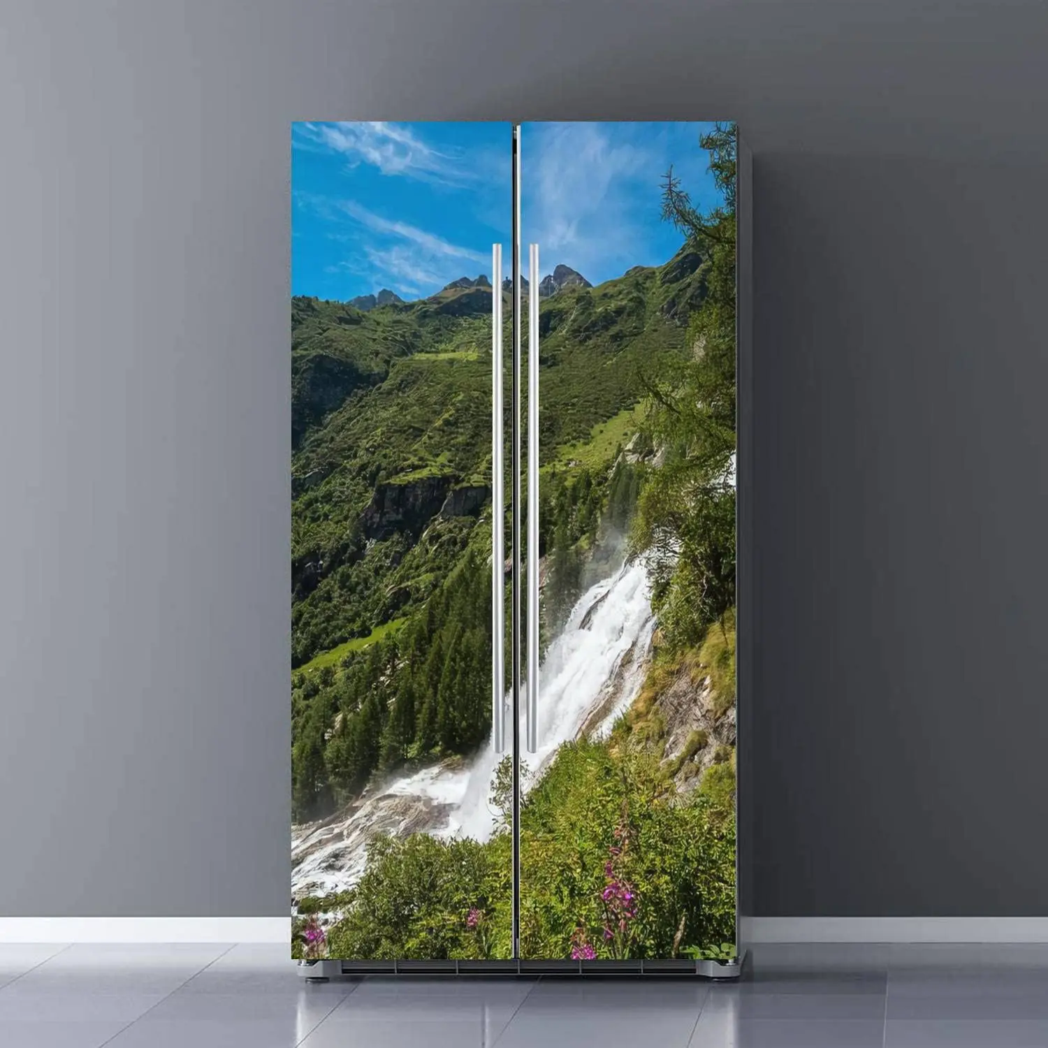 Waterfall Autumn Forest Refrigerator Wrap High Mountains and Flowing ...