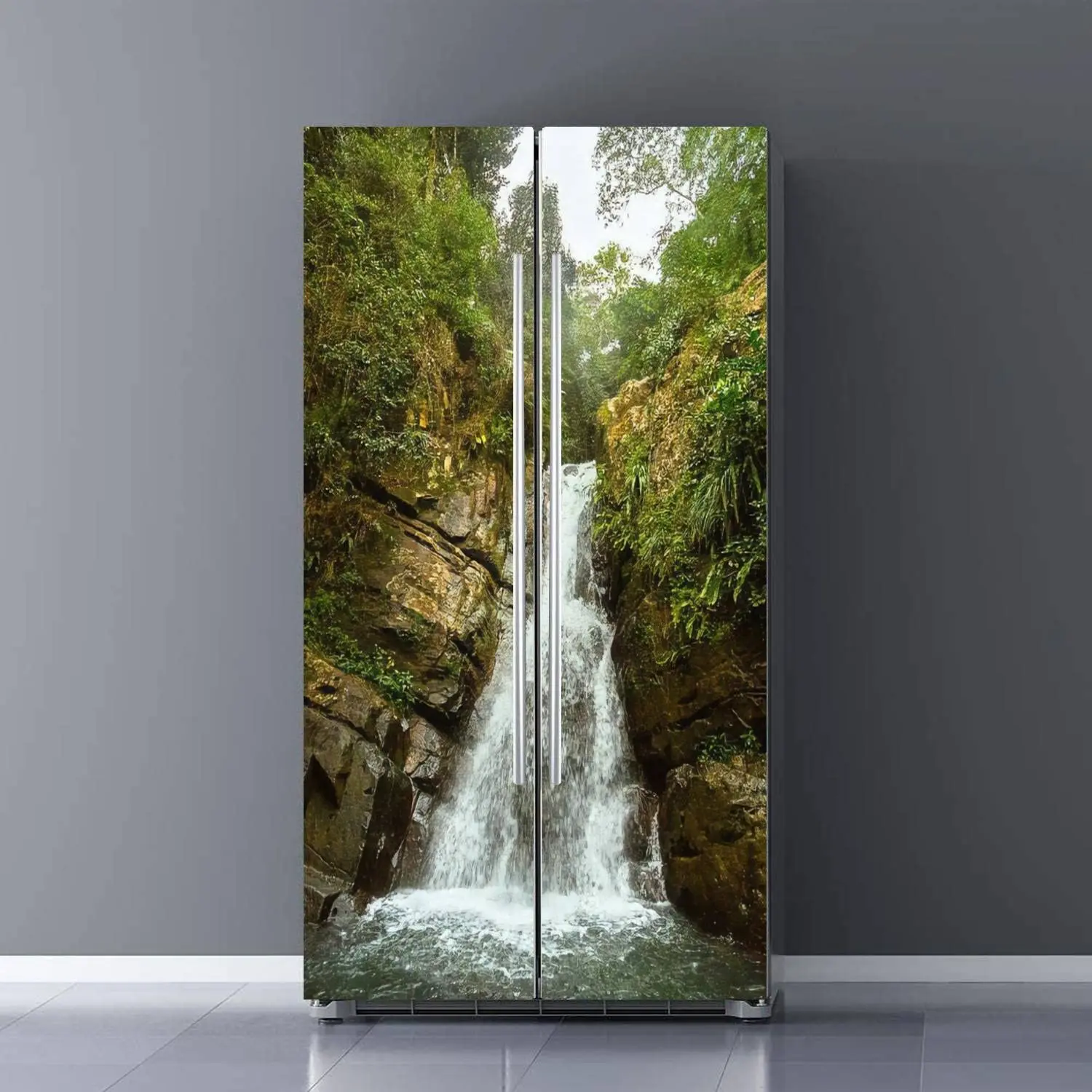 Waterfall Autumn Forest Refrigerator Wrap High Mountains and Flowing Water Fridge Sticker Full ...