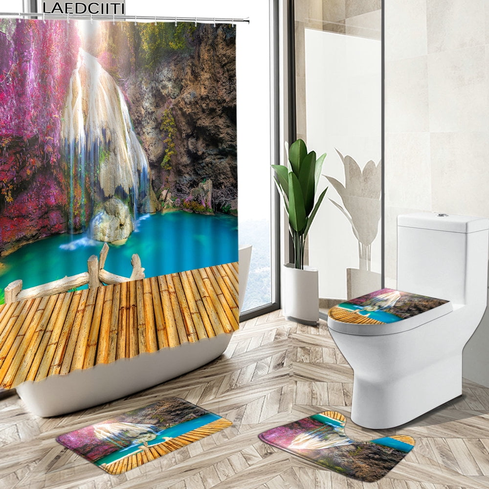 Waterfall Autumn Landscape Shower Curtains Forest Wooden Bridge Park ...