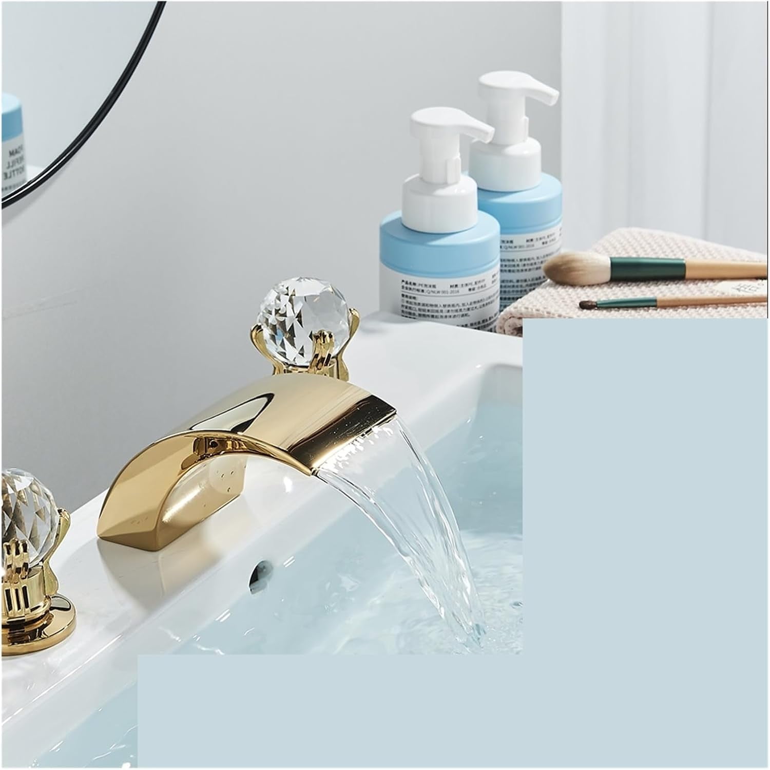 Waterfall Basin Double Crystal Handle Sink Deck Mount Tub Faucet Crane ...