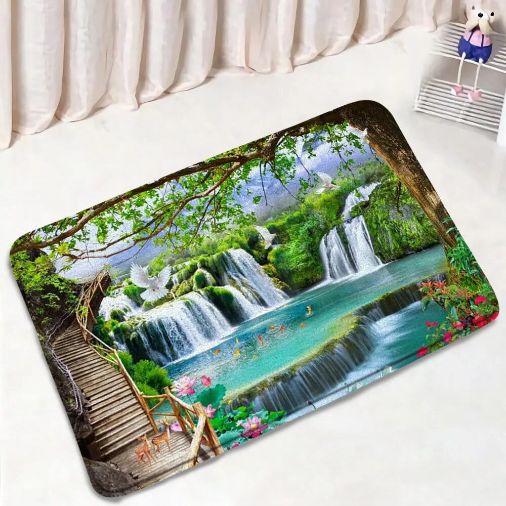 Waterfall Bath Mat Set Pink Flowers Plant Forest Nature Landscape Home ...