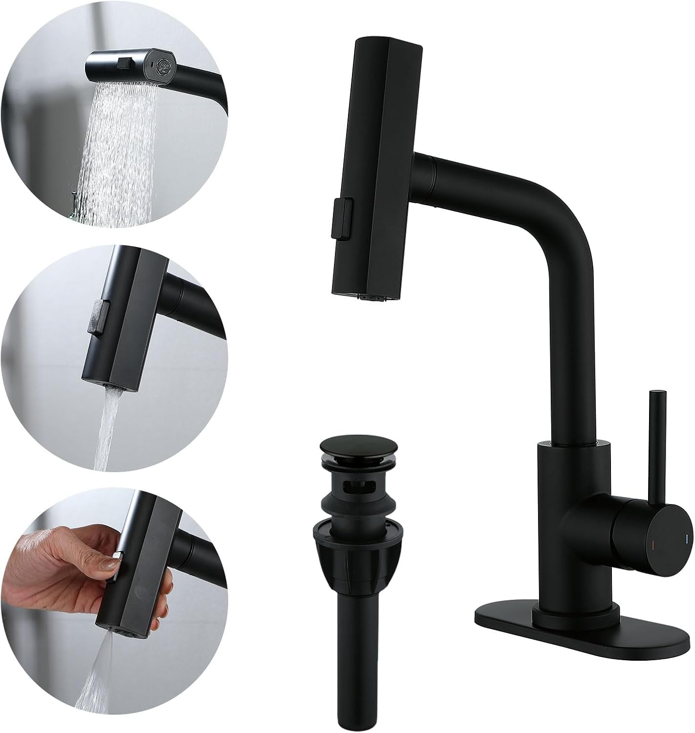 Waterfall Bathroom Faucets with 3 Mode Pull Down Sprayer,Single Handle ...