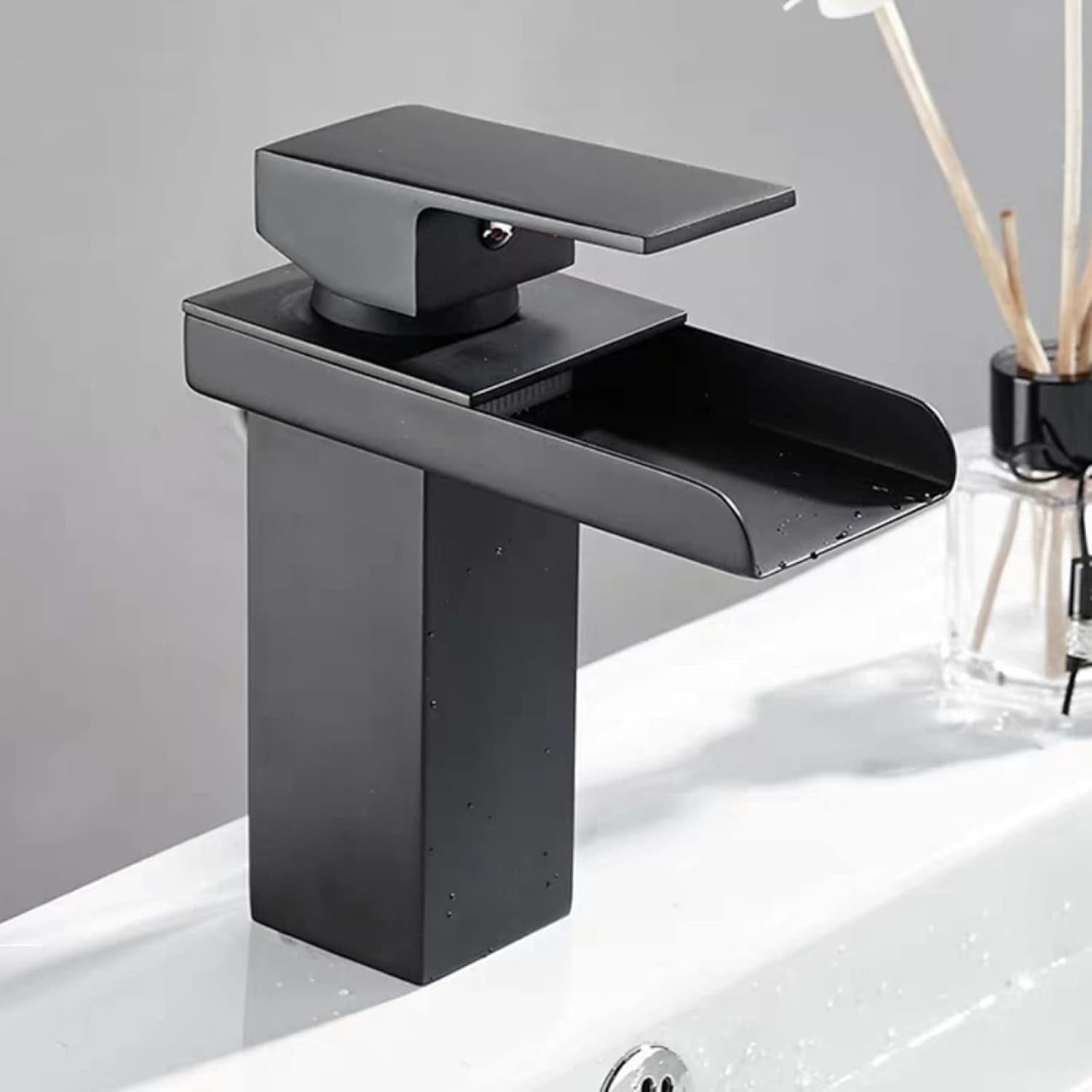 Waterfall Bathroom Sink Faucet Black, Stainless Steel Vanity Faucet for ...