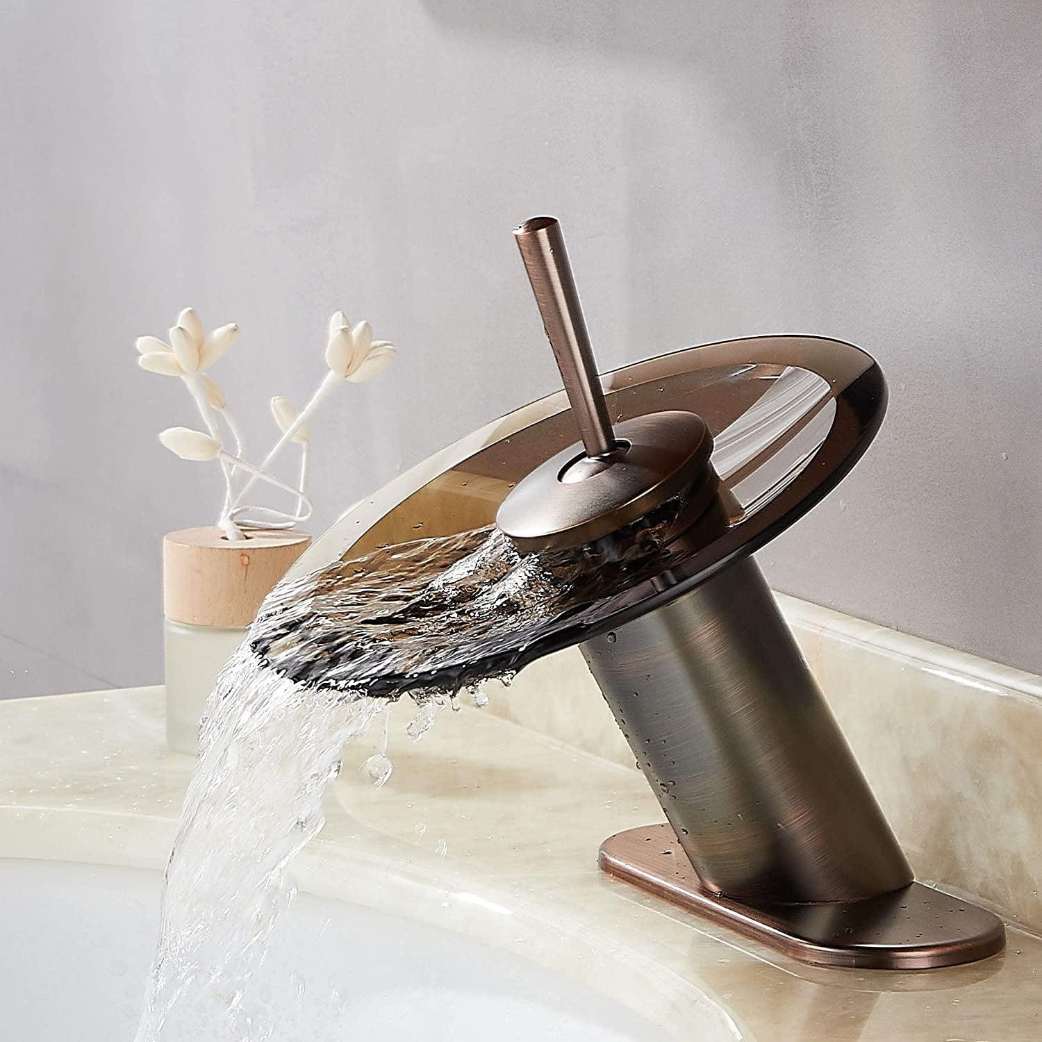 Waterfall Bathroom Sink Faucet Unique Brass Modern Circle Glass ...