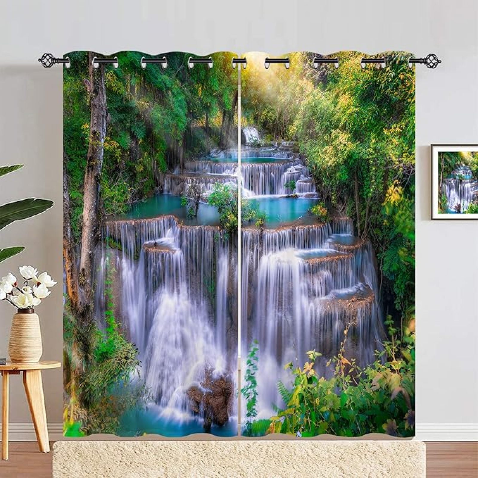 Waterfall Blackout Curtains Nature Landscape Theme Window Panels With Forest Jungle Waterfall ...
