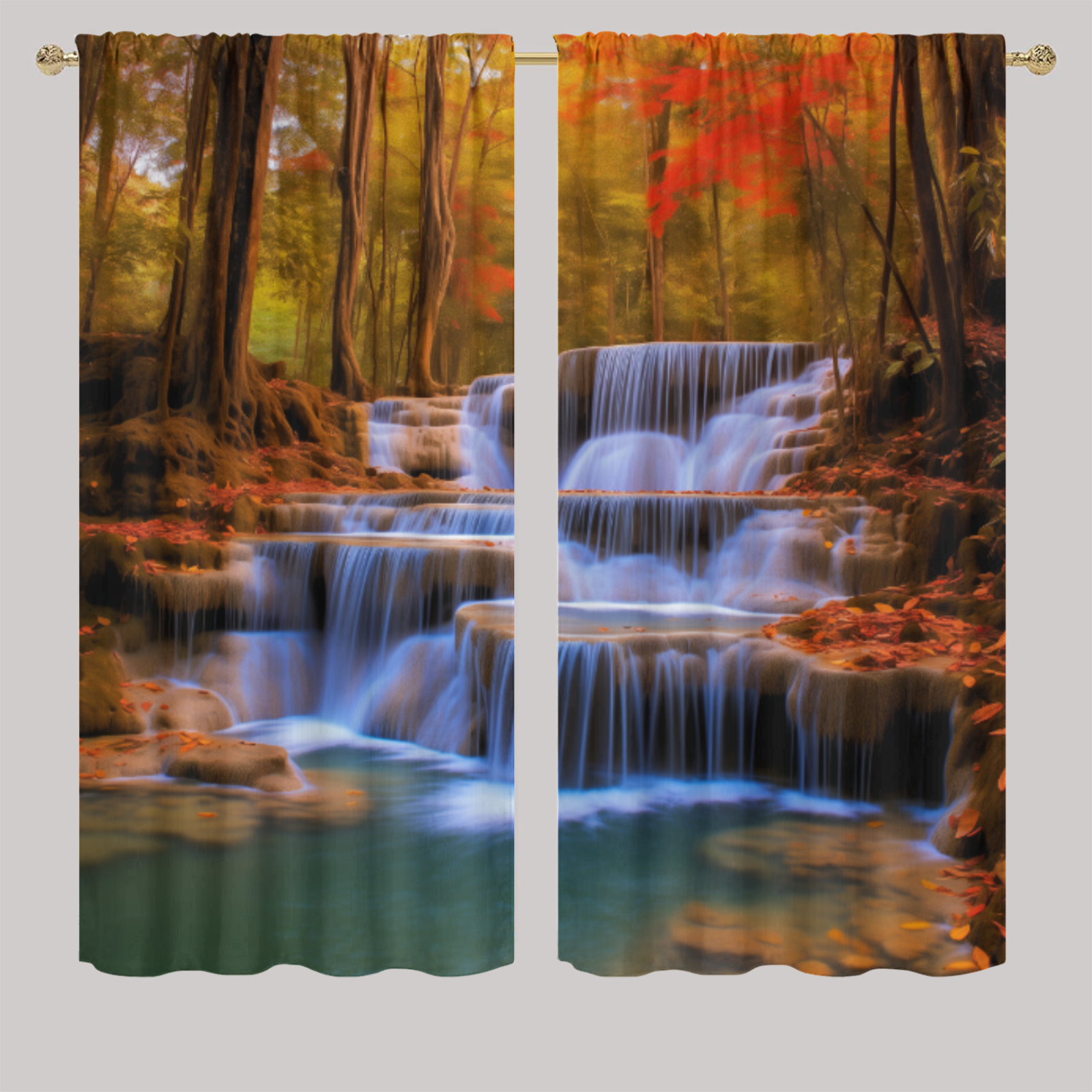 Waterfall Blackout Curtains Set Autumn Nature Landscape Forest Scenery ...