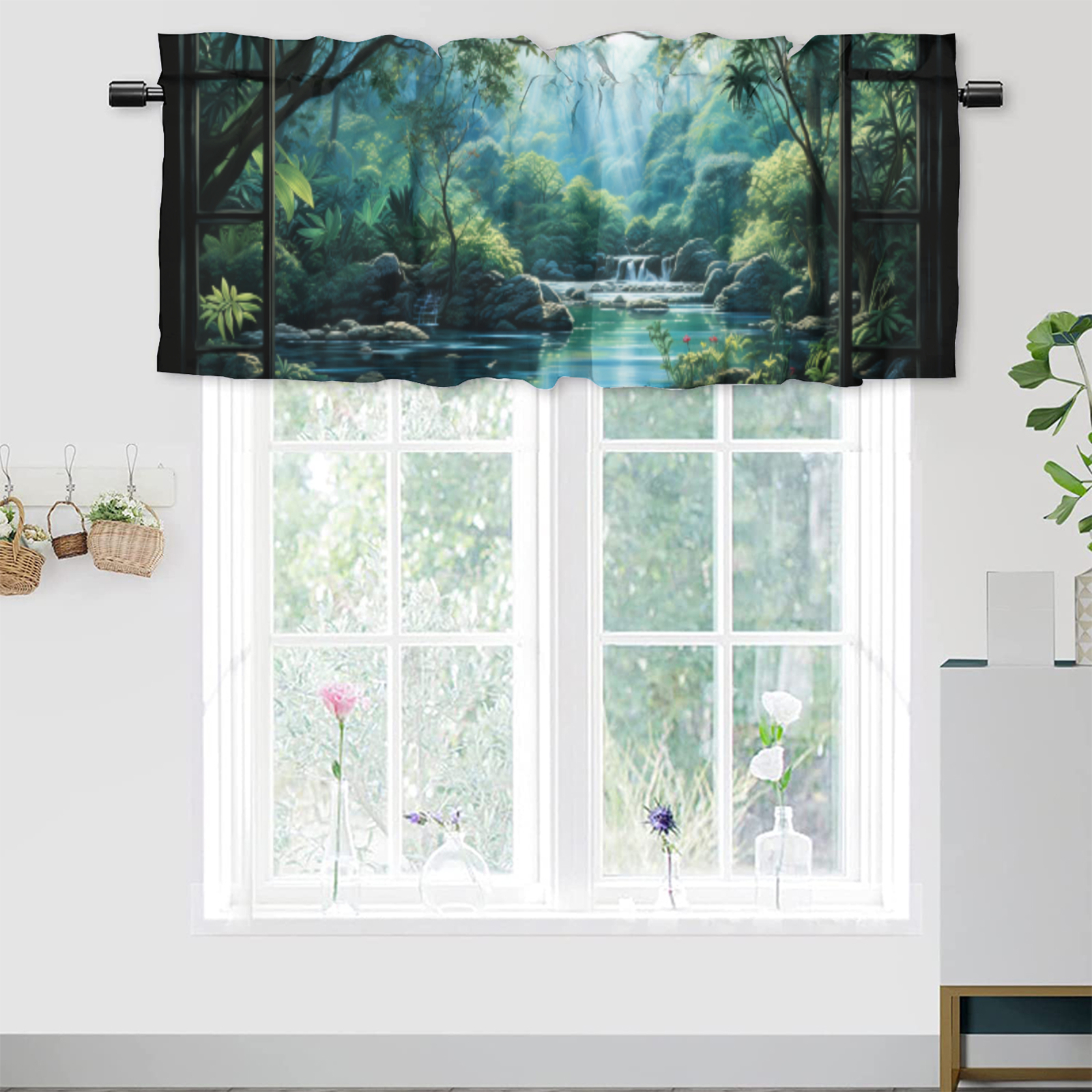 Waterfall Curtain Valance for Kitchen Forest Flowers Window View Nature ...
