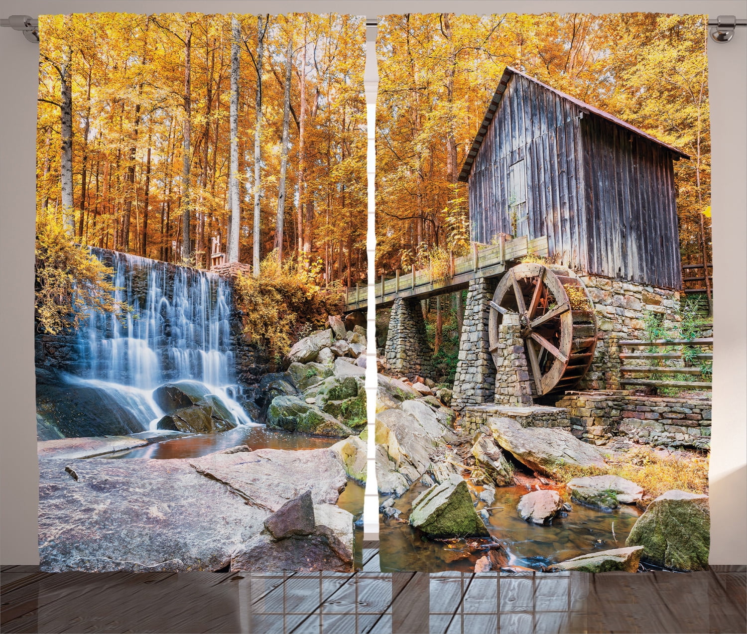 Ambesonne Waterfall Curtains 2 Panel Set, Historic Mill Autumn, 108" x ...