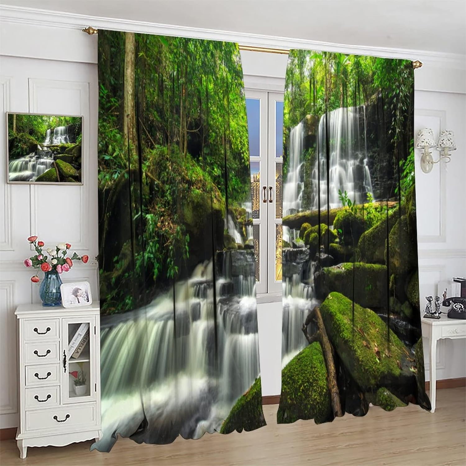 Waterfall Curtains, Spring Nature Theme Landscape Pattern in Forest ...
