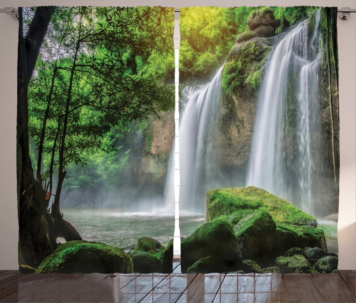 Ambesonne Green Curtains 2 Panel Set, Waterfall Nature Exotic, 108" x ...
