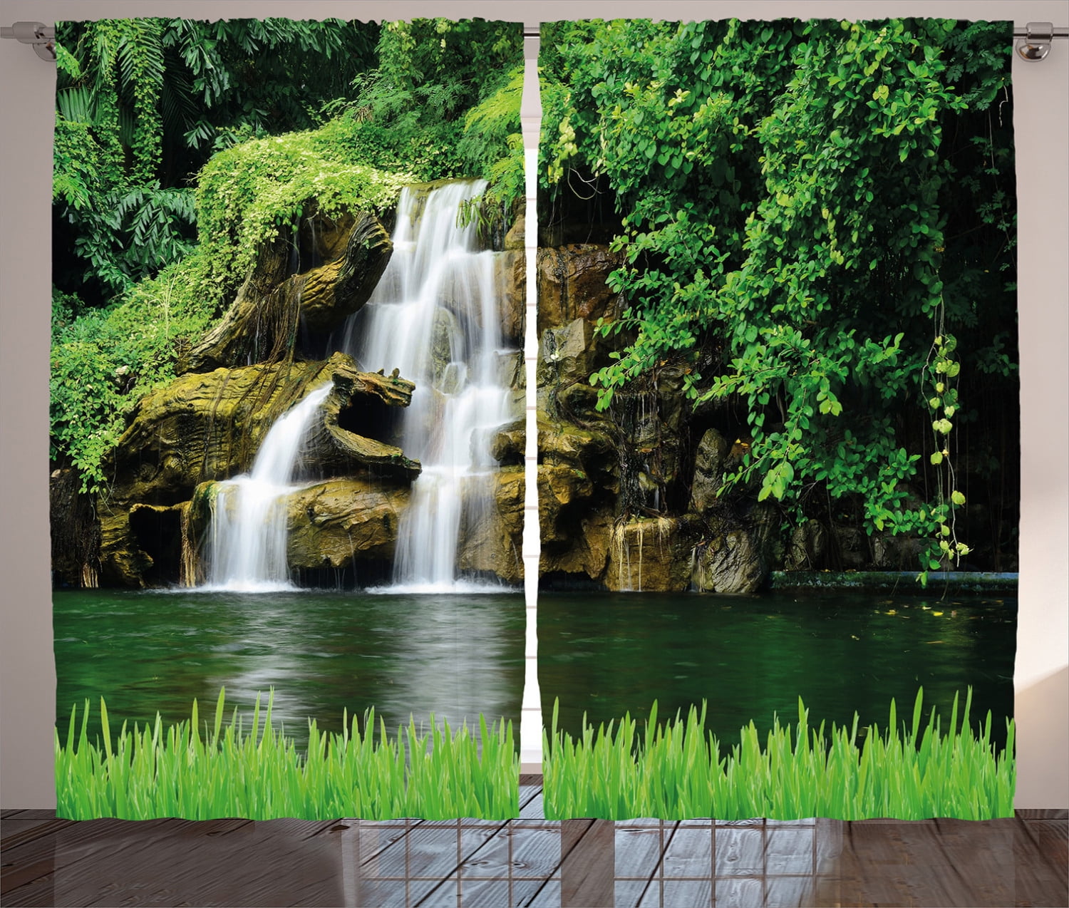 Ambesonne Nature Curtains 2 Panel Set, Lake Garden Waterfall, 108" x 84 ...