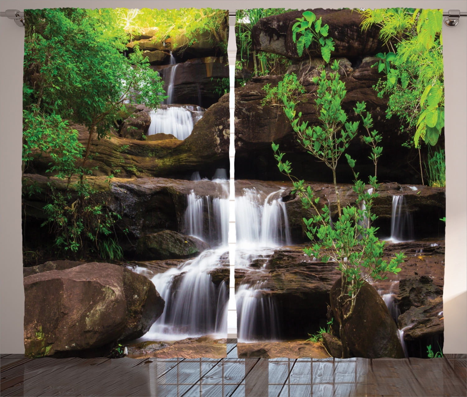 Ambesonne Nature Curtains 2 Panel Set, Rock Stair in Waterfall, 108" x ...