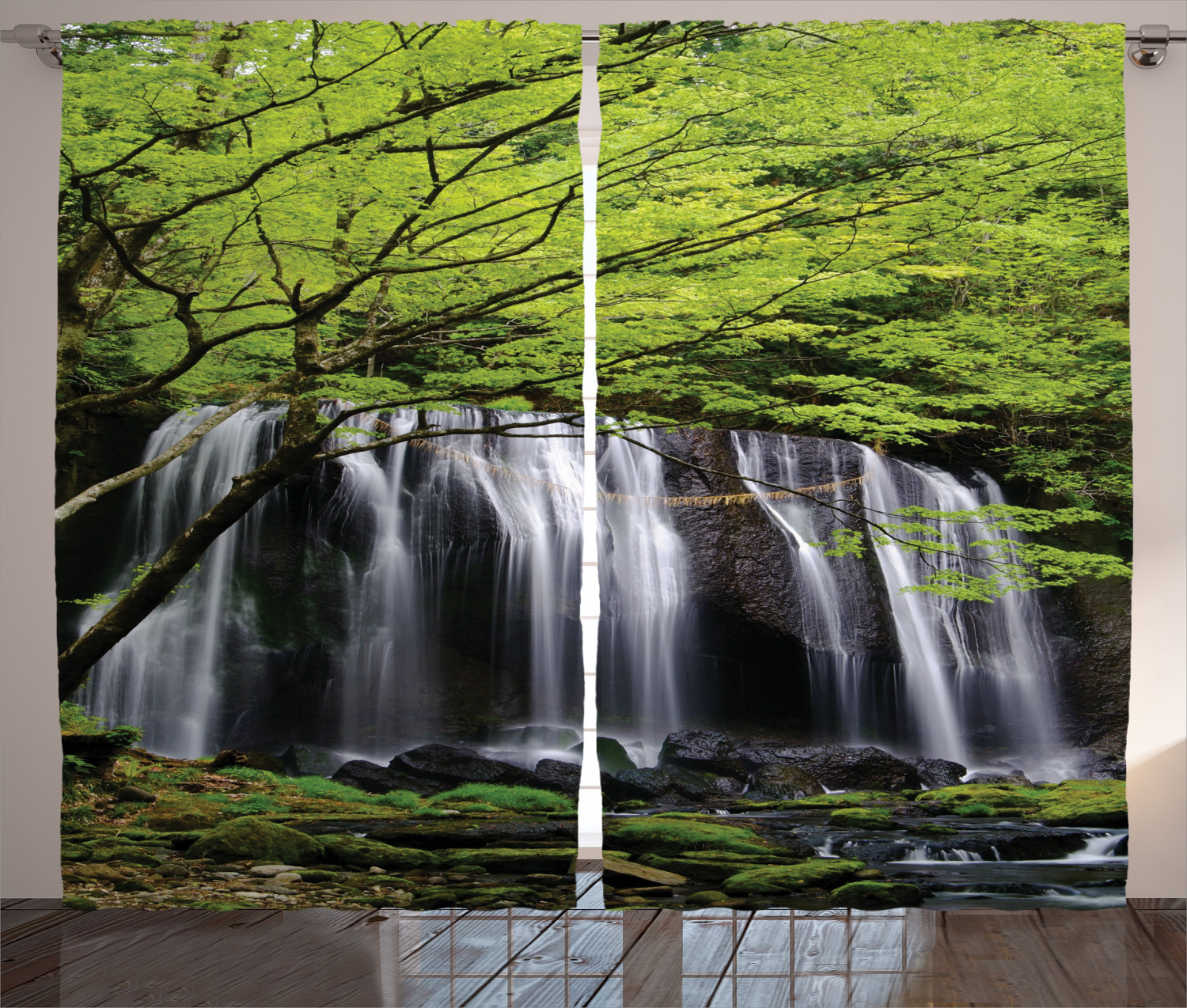 Ambesonne Scenery Curtains 2 Panel Set, Rock Tree in Waterfall, 108" x ...