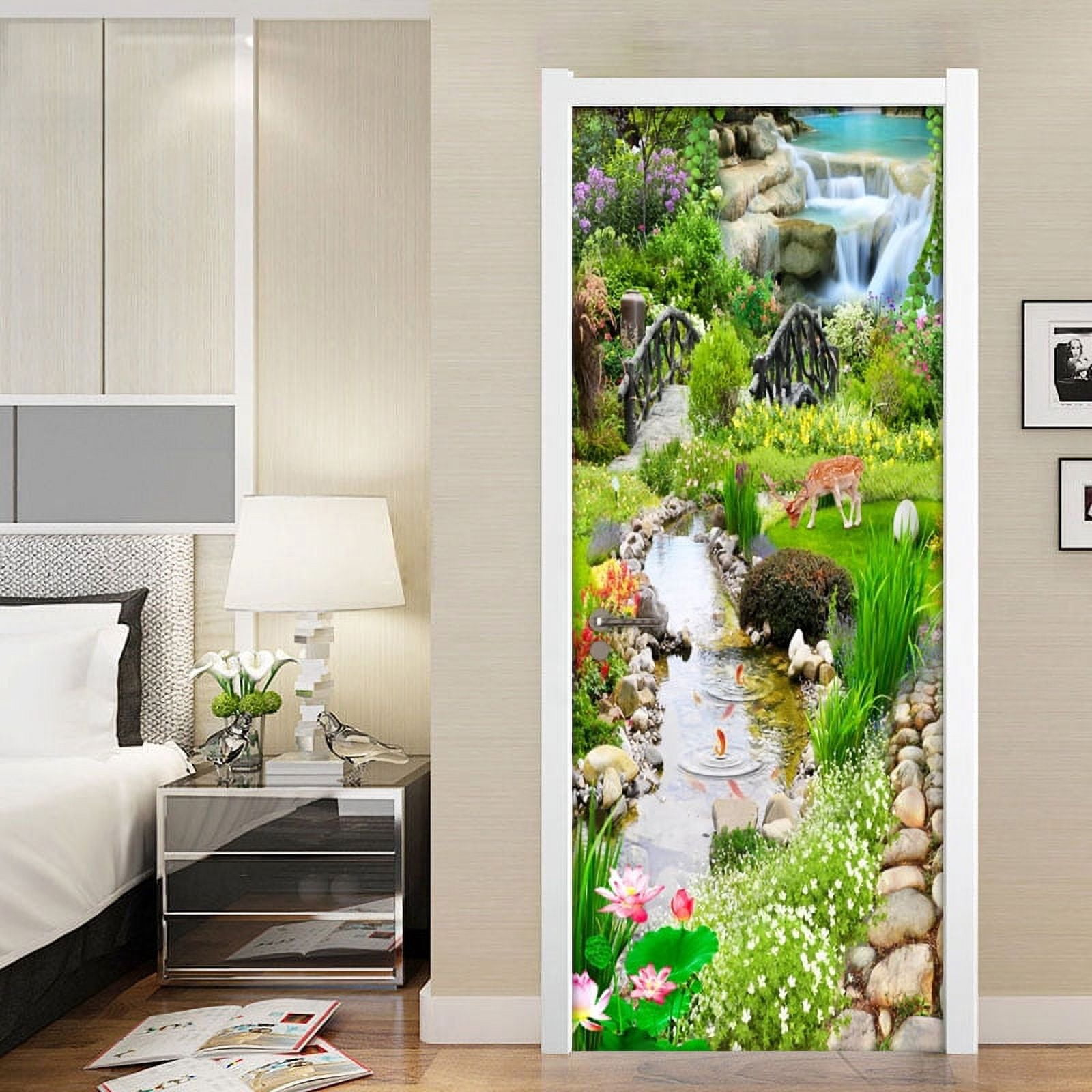Waterfall Door Stickers Natural Fall Wallpaper Green Jungle Forest ...