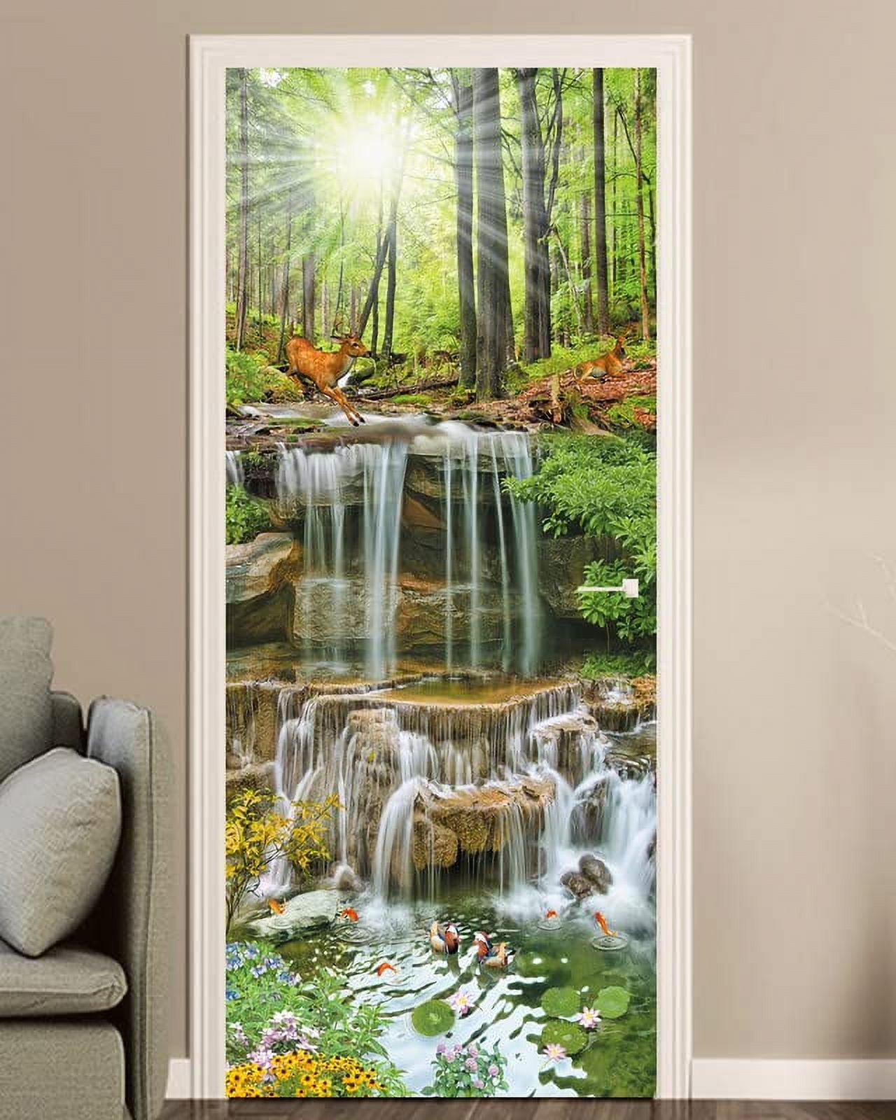 Waterfall Door Stickers Natural Fall Wallpaper Green Jungle Forest ...