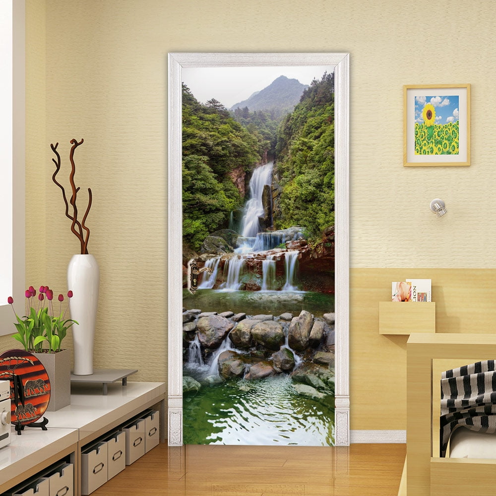 Waterfall Door Stickers Natural Fall Wallpaper Green Jungle Forest ...