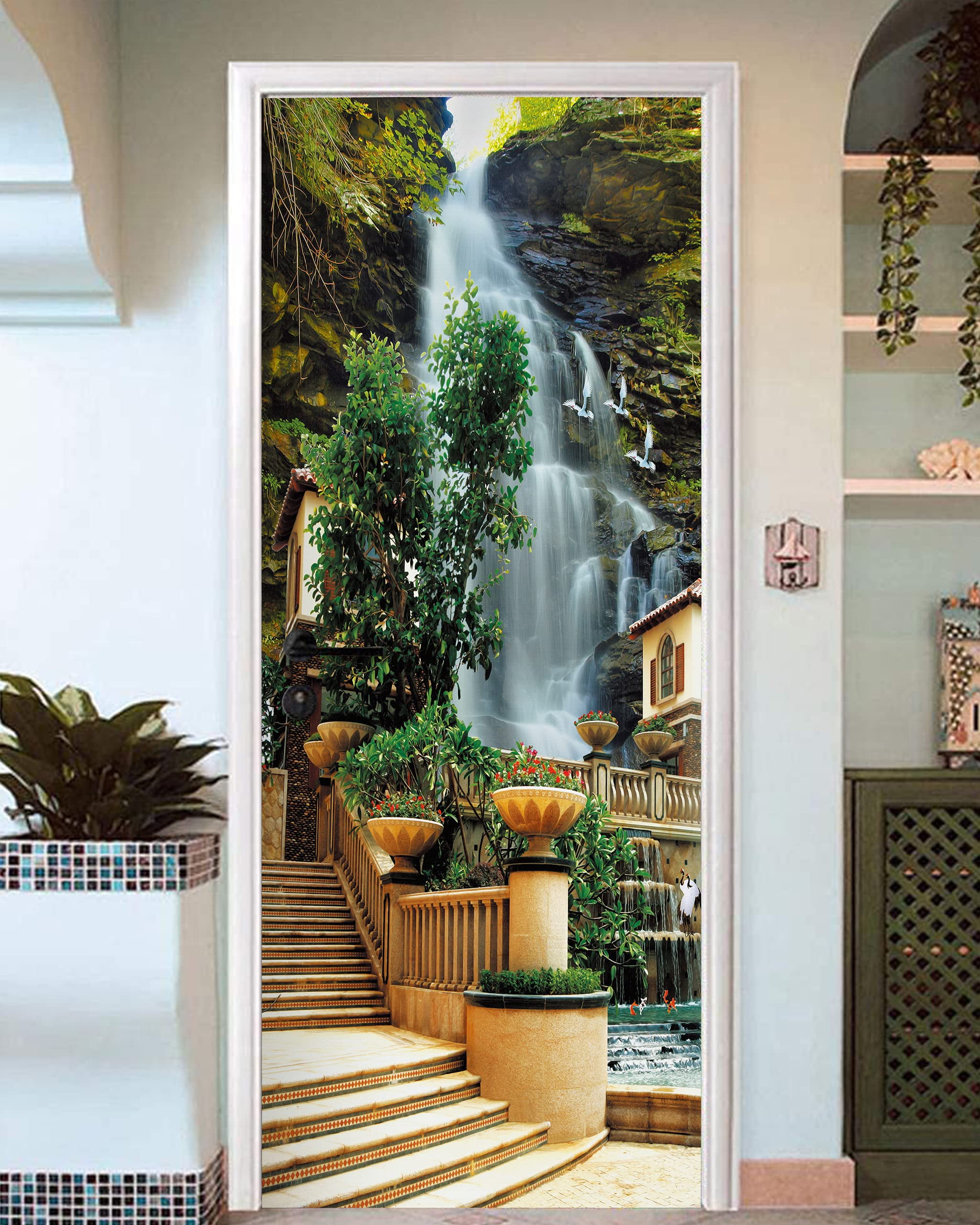 Waterfall Door Stickers Natural Fall Wallpaper Green Jungle Forest ...
