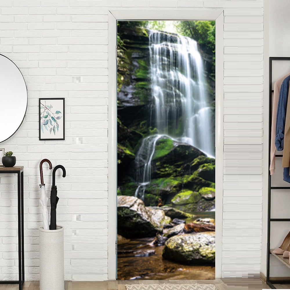 Waterfall Door Stickers Natural Fall Wallpaper Green Jungle Forest ...