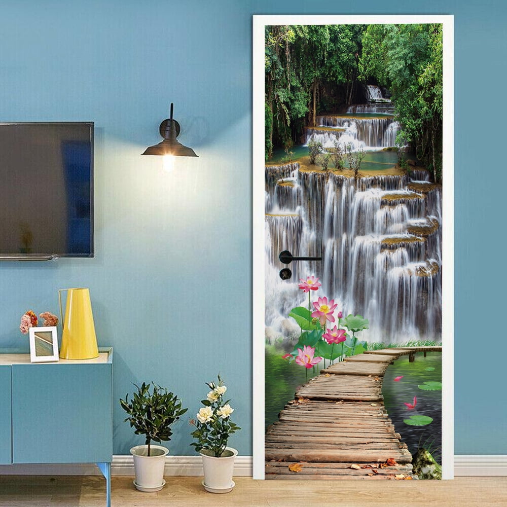 Waterfall Door Stickers Natural Fall Wallpaper Green Jungle Forest ...