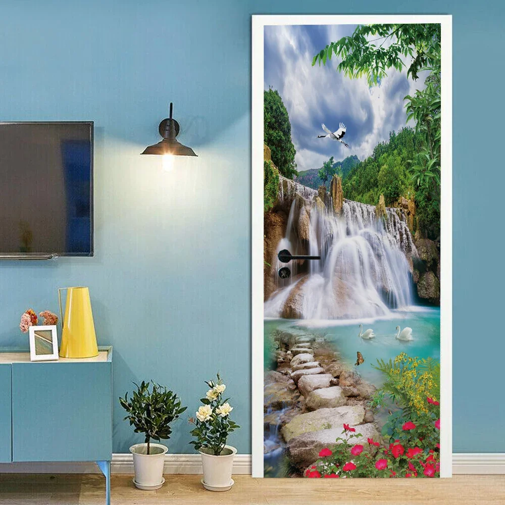 Waterfall Door Stickers Natural Fall Wallpaper Green Jungle Forest ...