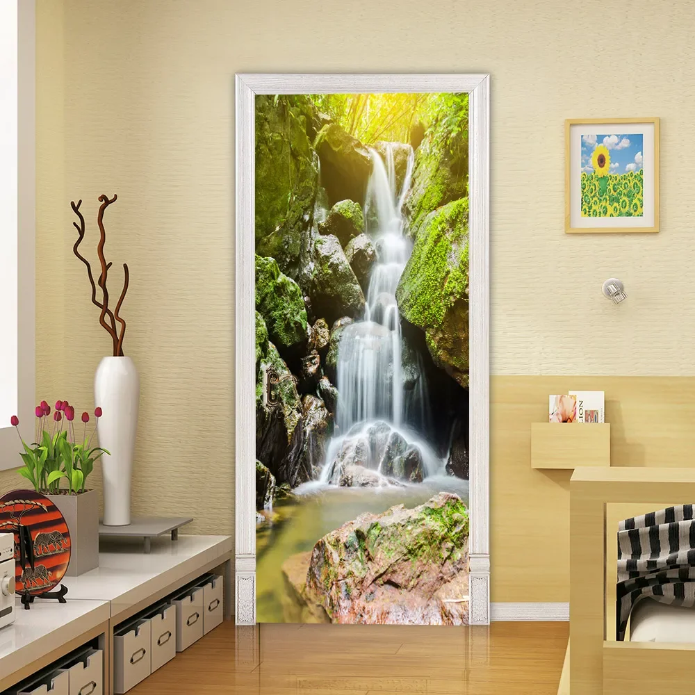 Waterfall Door Stickers Natural Fall Wallpaper Green Jungle Forest ...