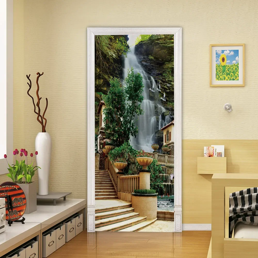 Waterfall Door Stickers Natural Fall Wallpaper Green Jungle Forest ...