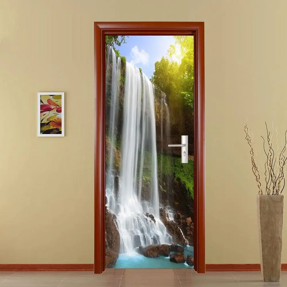 Waterfall Door Stickers Natural Fall Wallpaper Green Jungle Forest ...