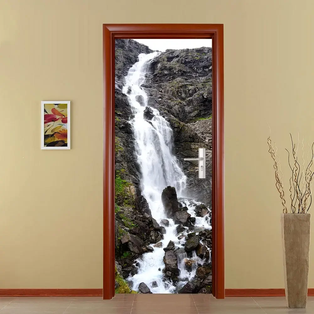 Waterfall Door Stickers Natural Fall Wallpaper Green Jungle Forest ...
