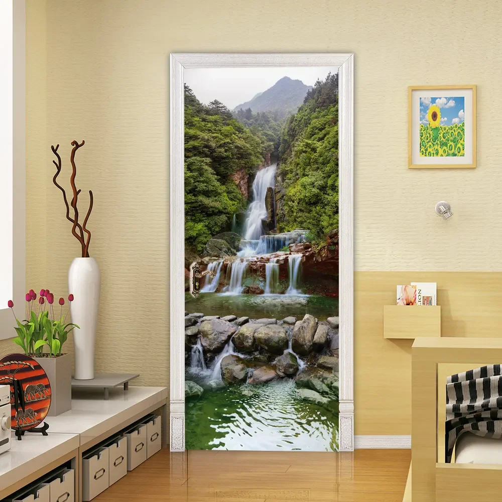 Waterfall Door Stickers Natural Fall Wallpaper Green Jungle Forest ...