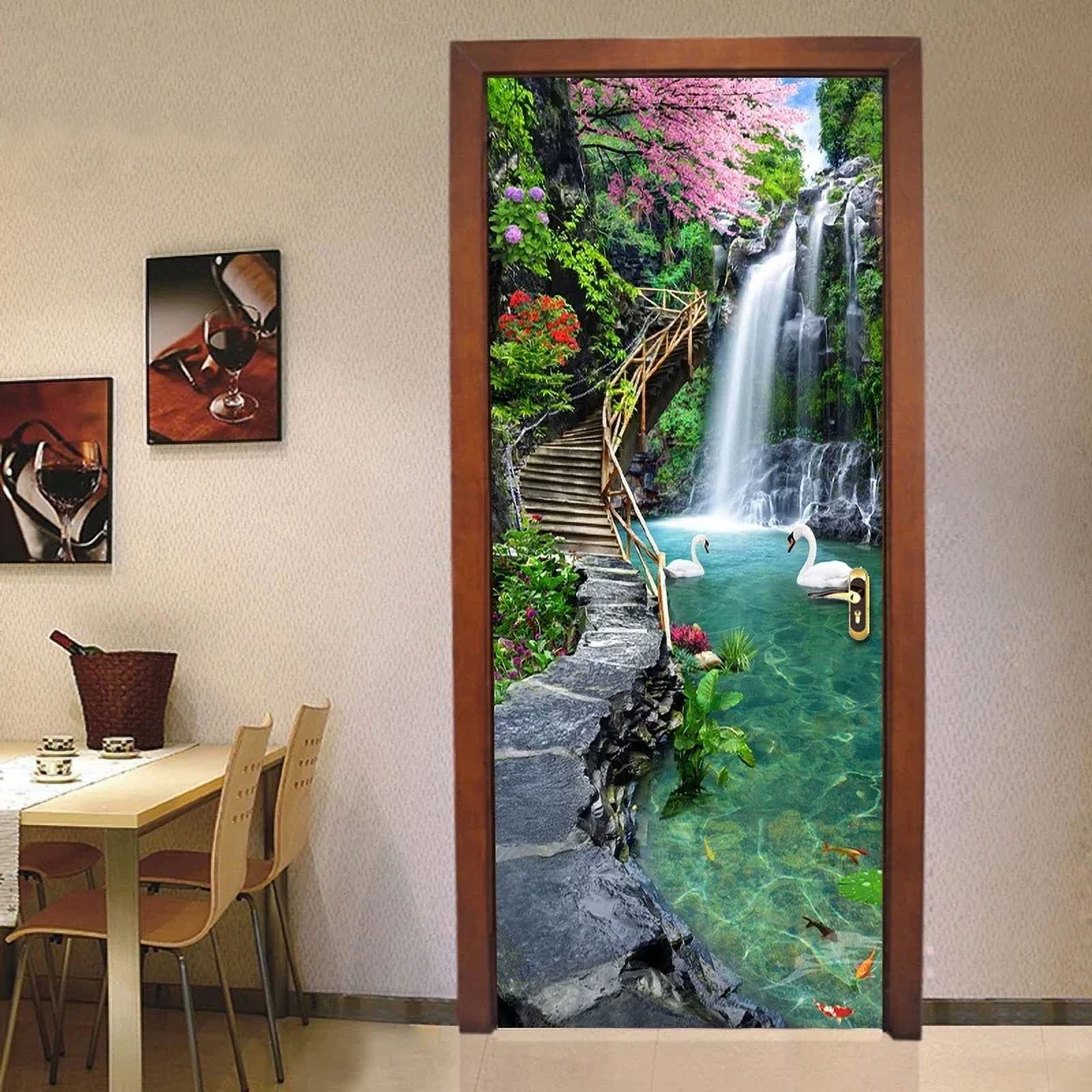 Waterfall Door Stickers Natural Fall Wallpaper Green Jungle Forest ...