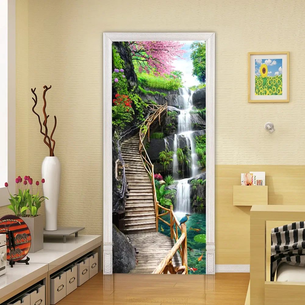 Waterfall Door Stickers Natural Fall Wallpaper Green Jungle Forest ...