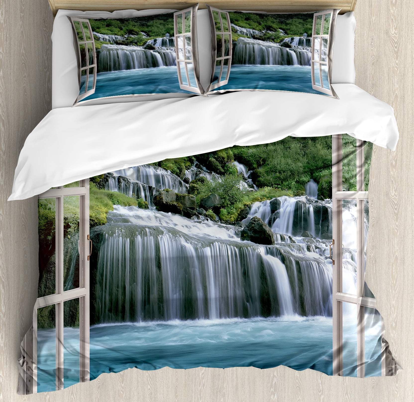 Waterfall Duvet Cover Set, Majestic Waterfall Landscape Through a ...