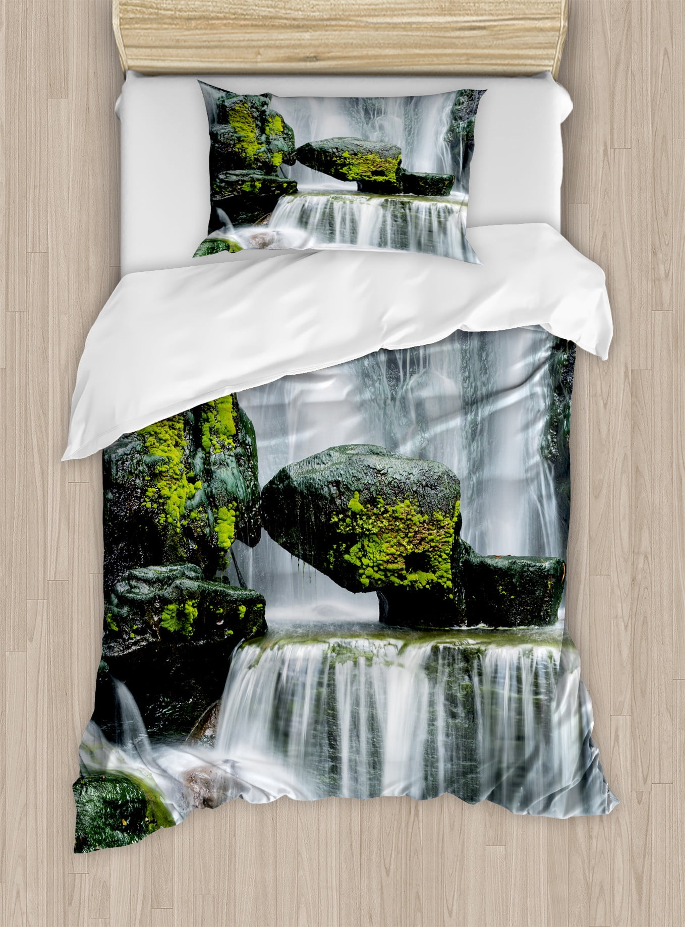 Waterfall Duvet Cover Set, Majestic River Blocked Massive Rocks Moss on ...