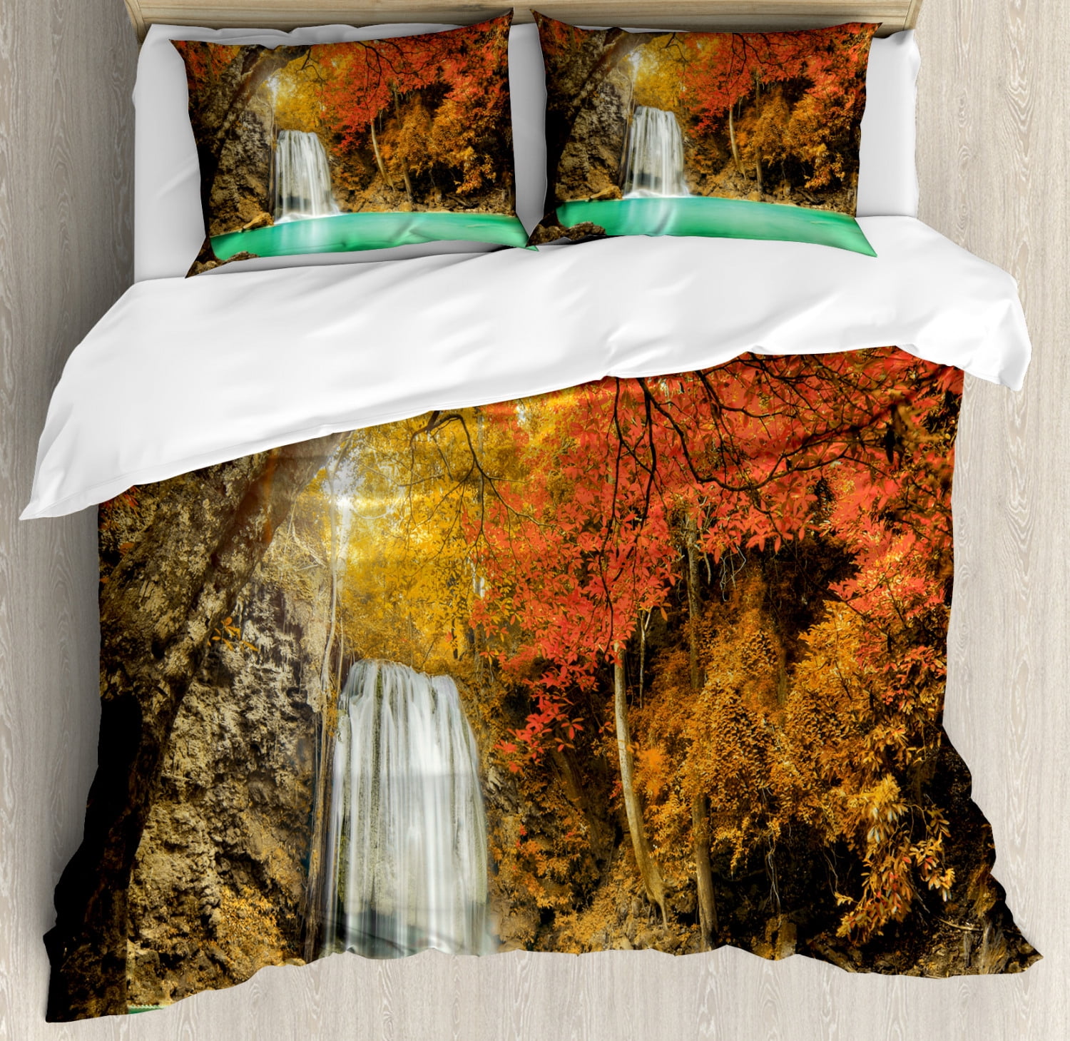 Waterfall Duvet Cover Set Queen Size, Majestic Waterfall Cascade in the Forest Flows down ...