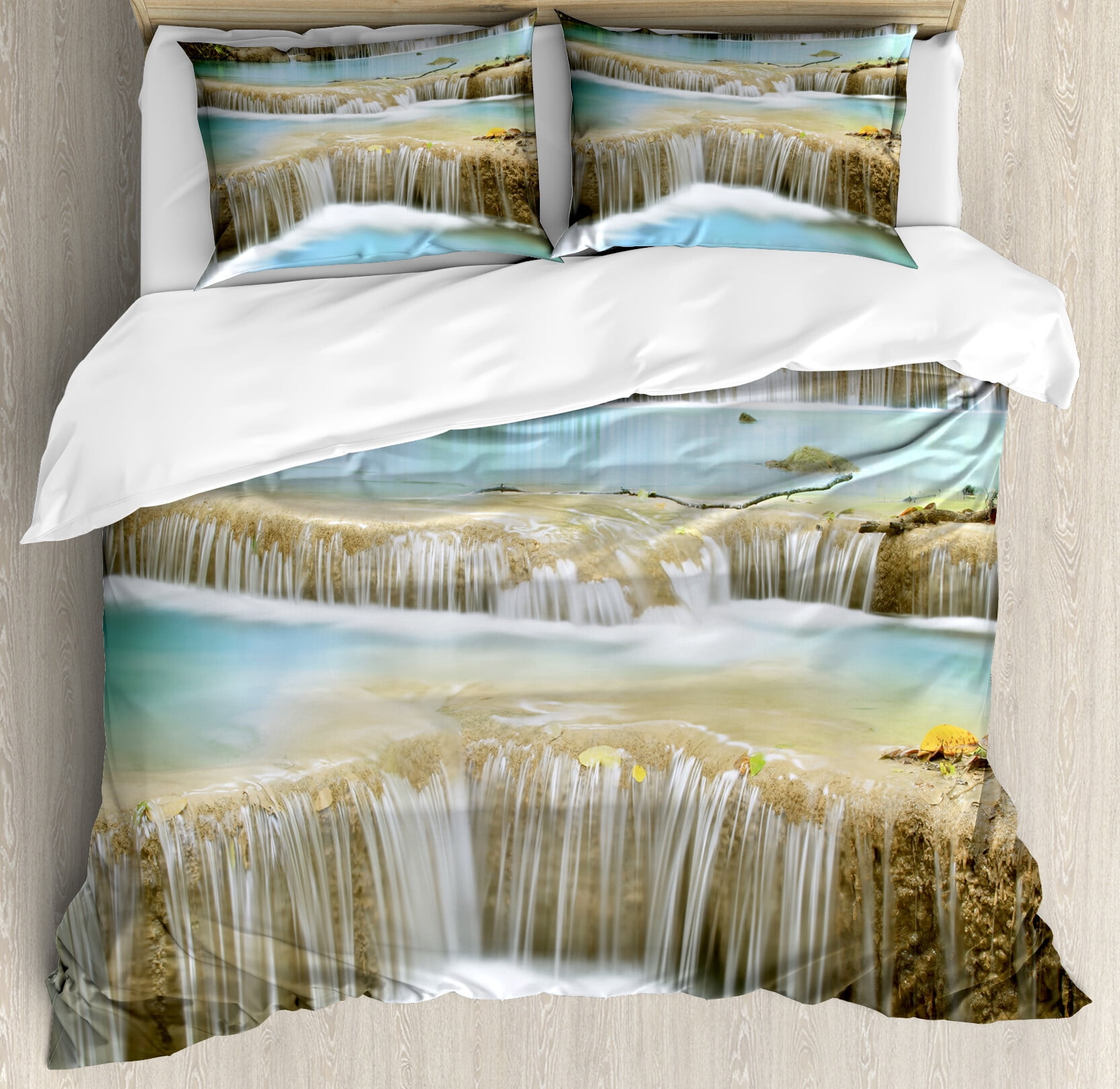 Waterfall Duvet Cover Set, Water Falls into the Lake Through the Rock ...
