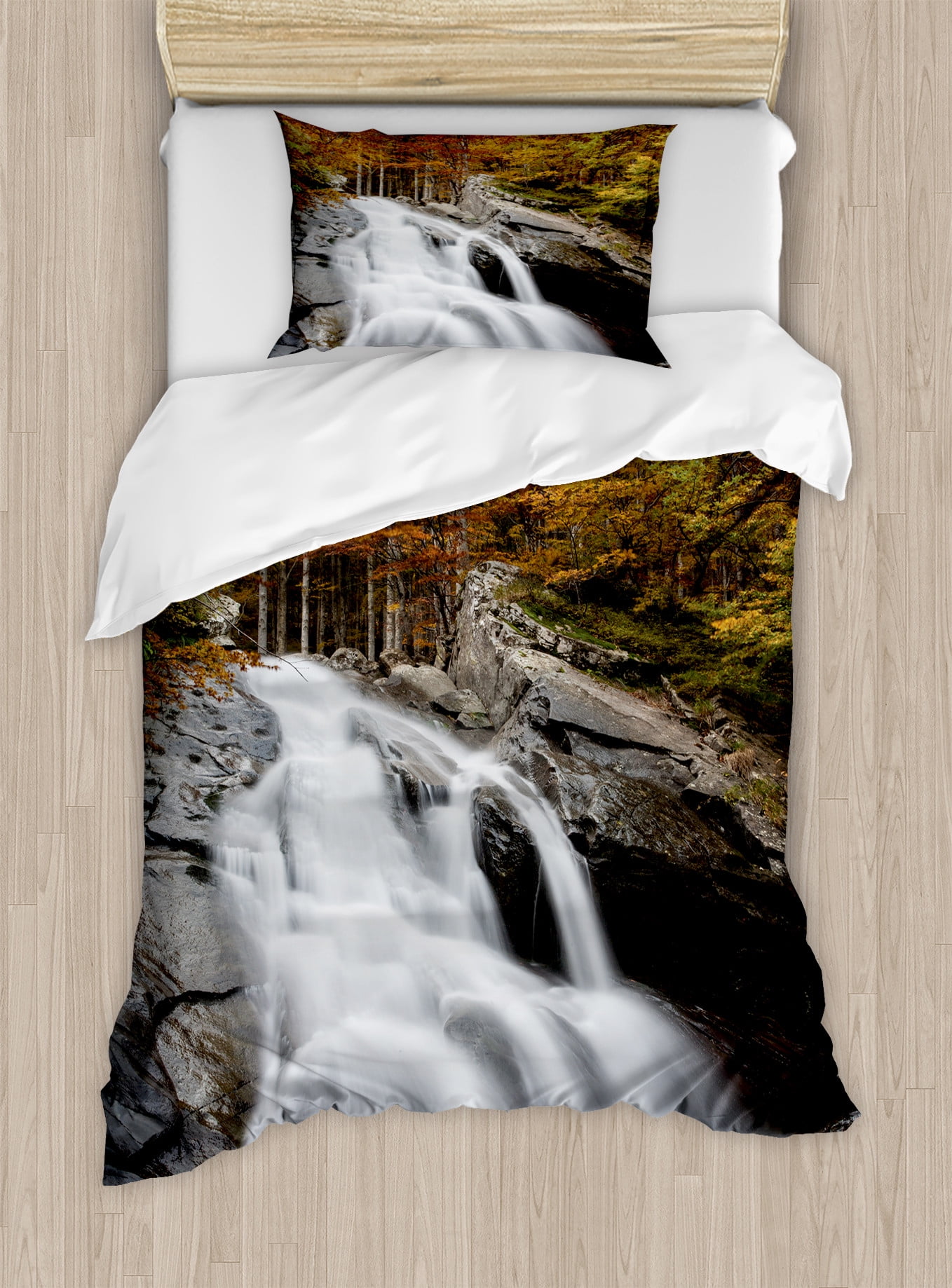 Waterfall Duvet Cover Set, Water Falls to the Lake Through Rocks ...