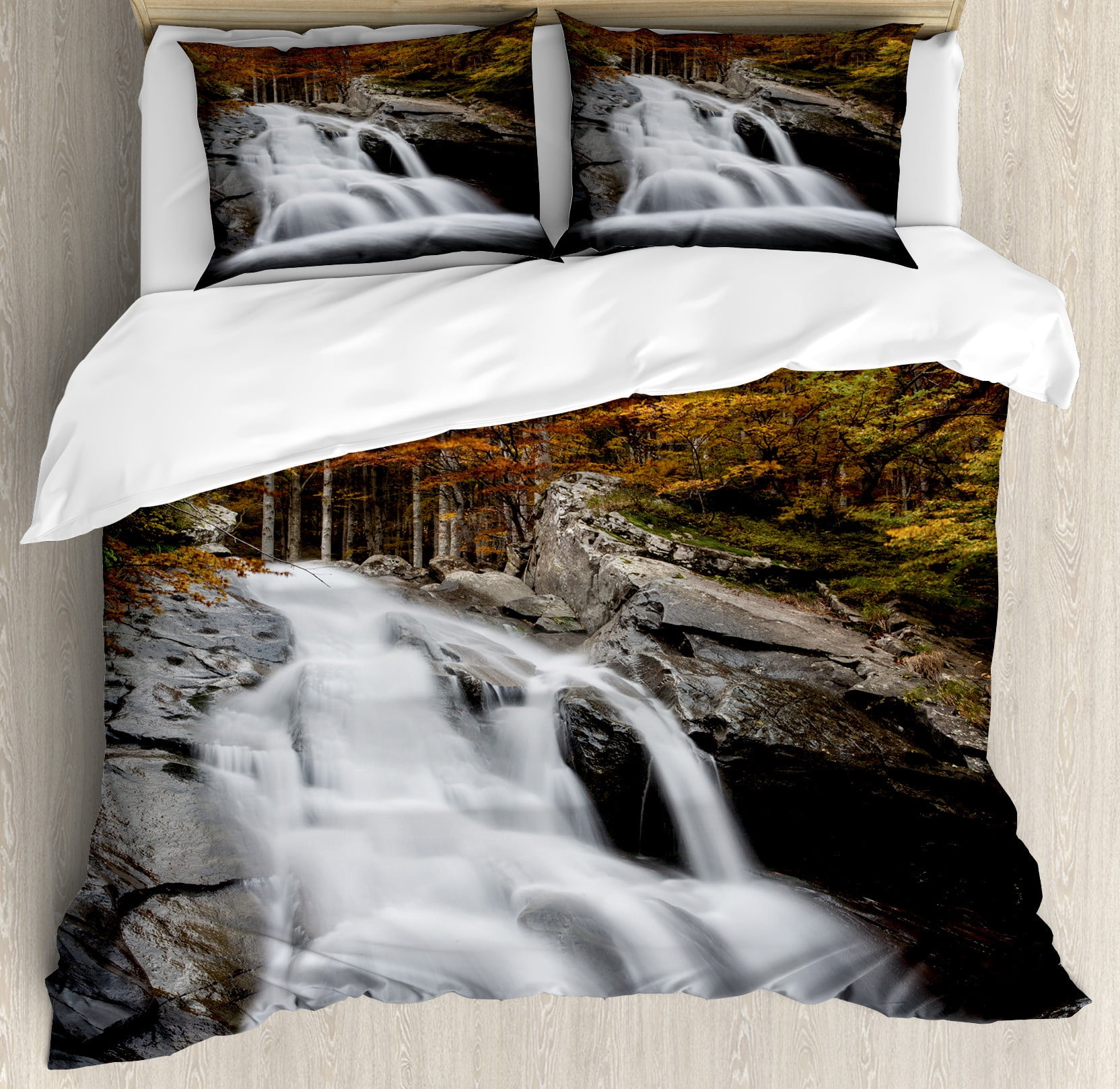 Waterfall Duvet Cover Set, Water Falls to the Lake Through Rocks ...