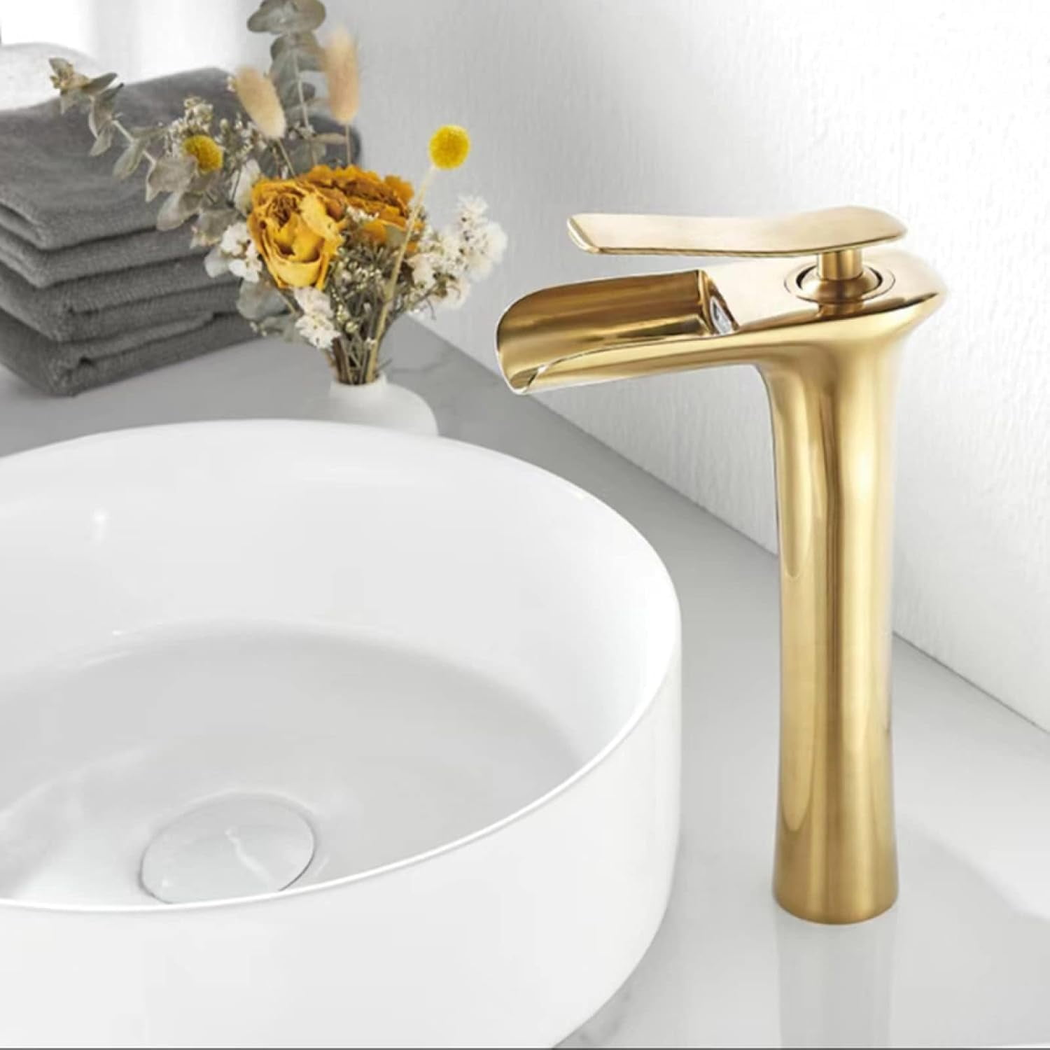 Waterfall Faucet for Bathroom Sink Brushed Gold, Solid Brass, Hot and Cold Water Mixer Tap ...