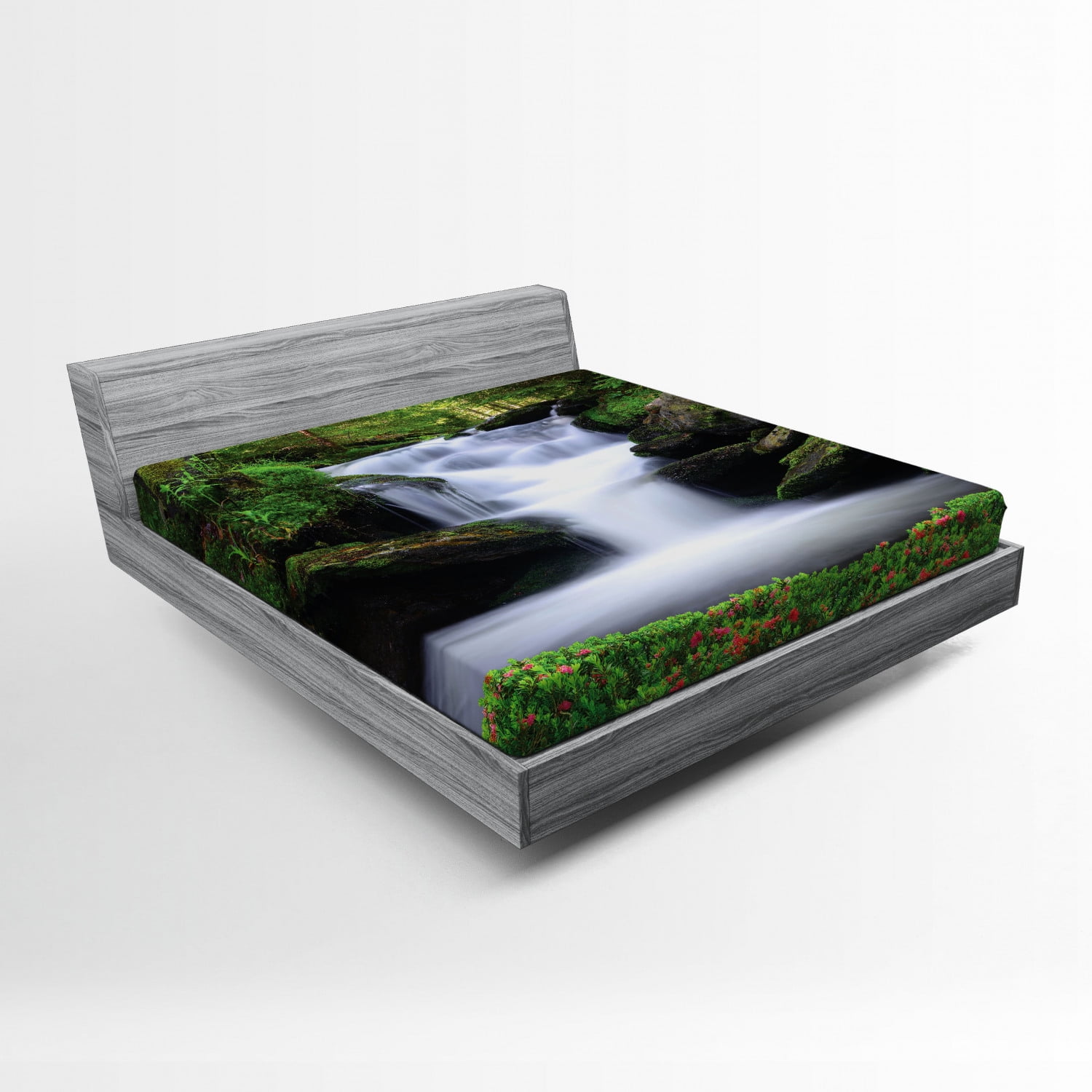 Waterfall Fitted Sheet, Dream Like Image of Waterfall with Trees and ...